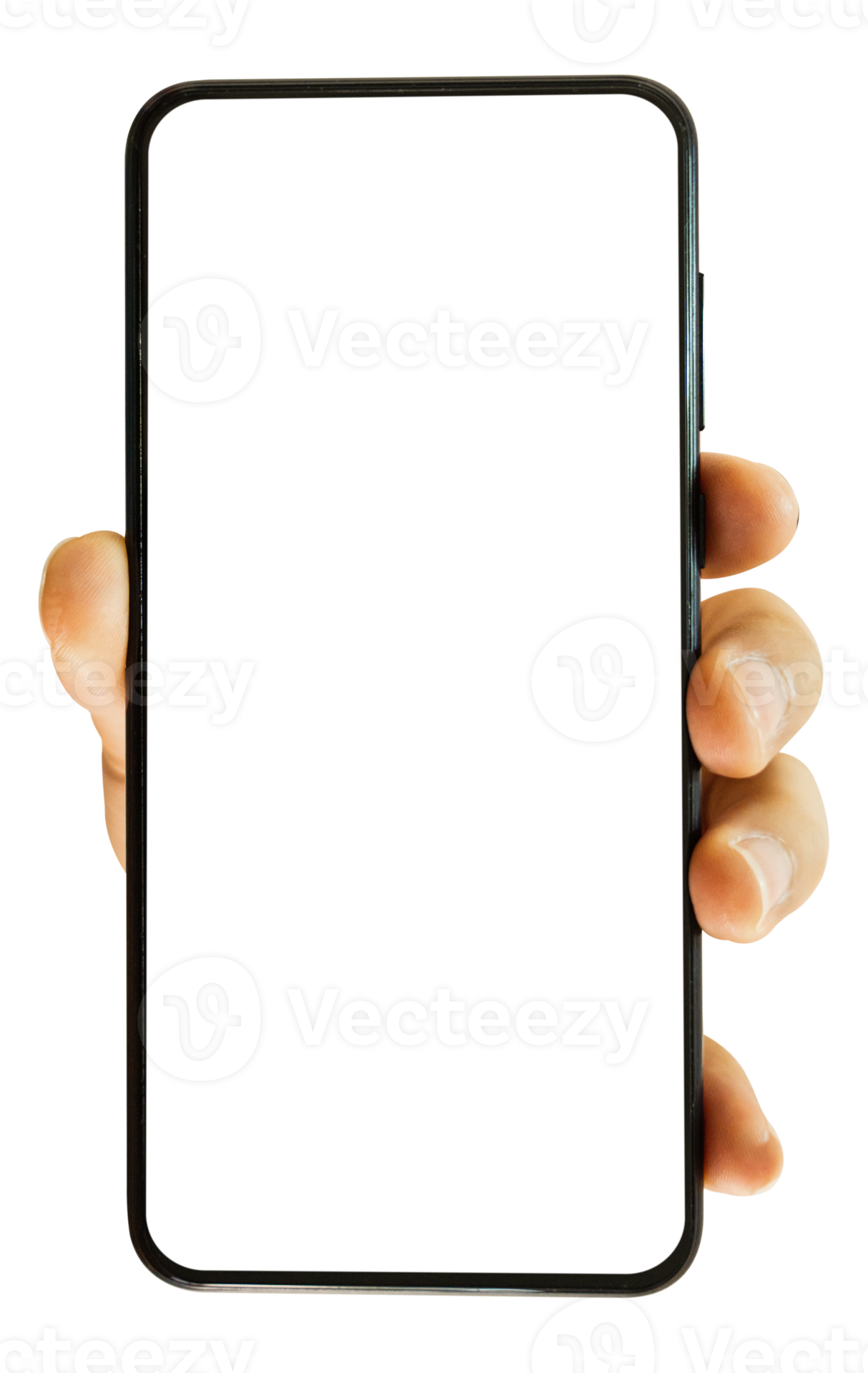 Hand holding mobile smartphone with blank transparent screen and ... Hand holding mobile smartphone with blank transparent screen and ...