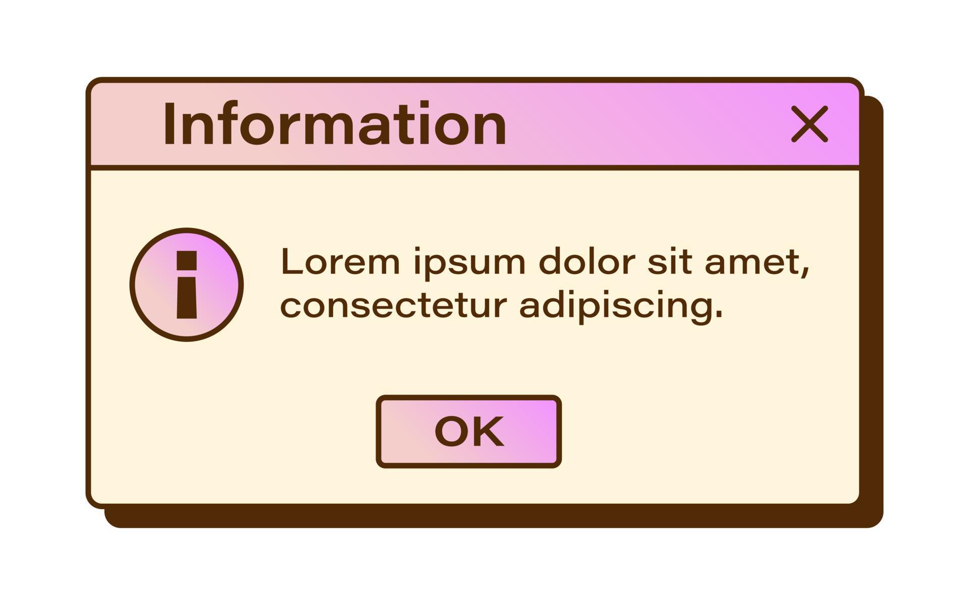 Vector retro vaporwave modal window. Y2k information dialog windows. Nostalgic UI. Gradient ...