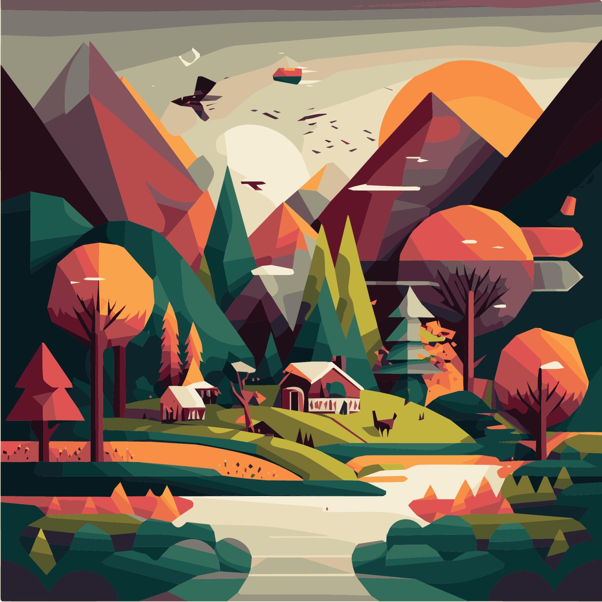 Nature Flat Landscape Illustration in funky cartoon style, Colorful ...