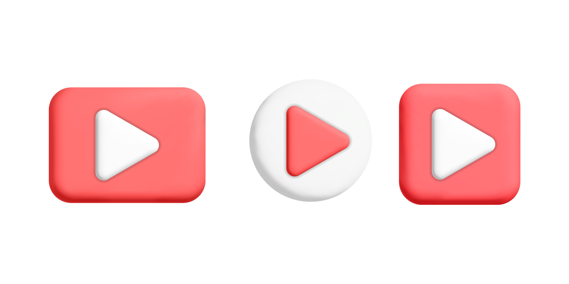 Set of minimal style 3d vector red and white round, square and rectangle play button icons for ...