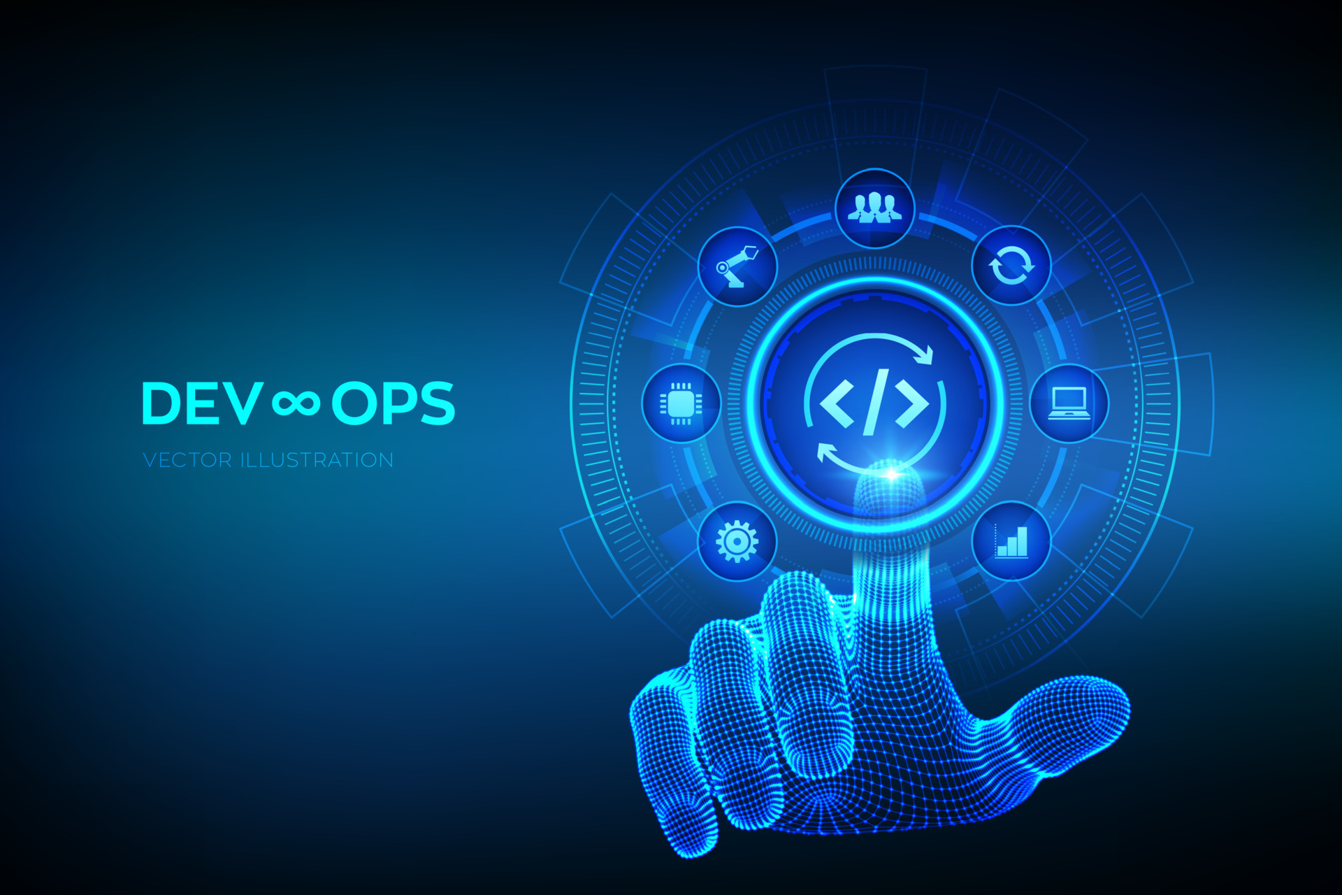 Devops. Agile development and optimisation concept on virtual screen. Software engineering ...