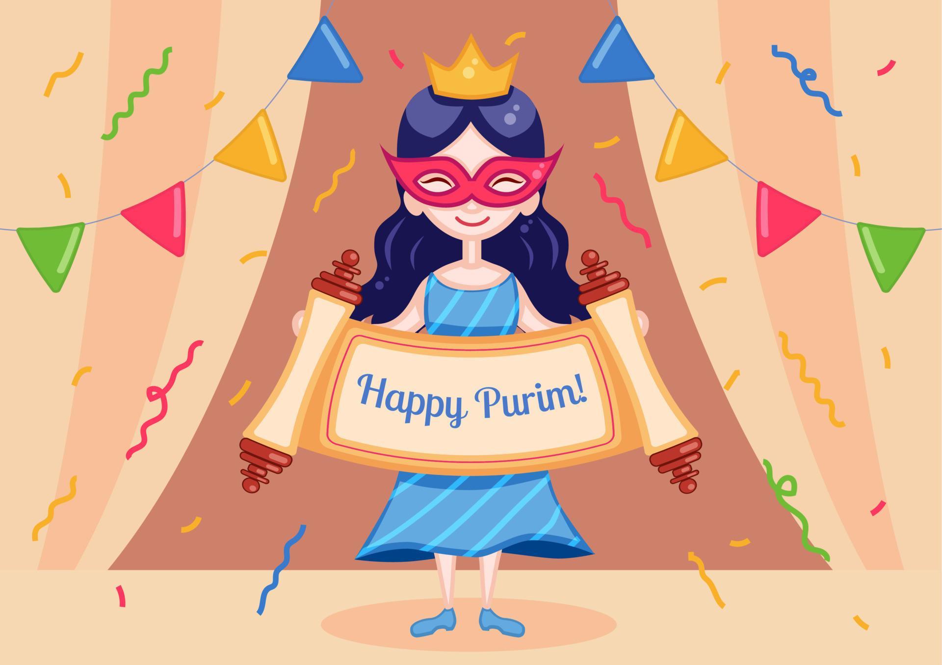Purim invitation card with the girl in costume, who is holding the invitation scroll on the dark ...