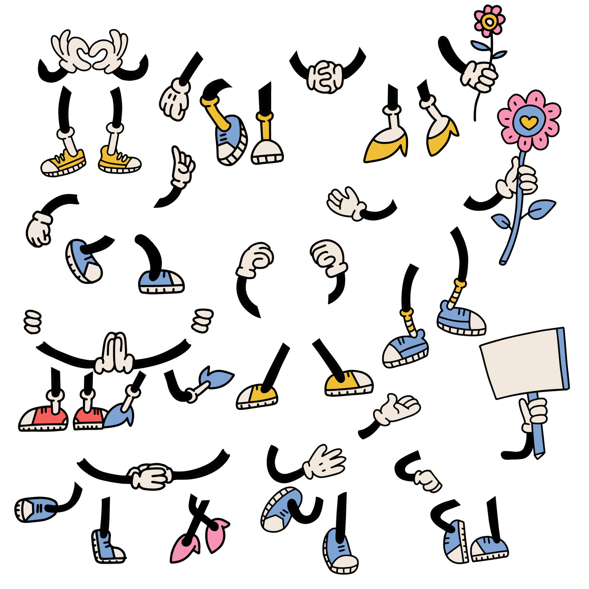 Retro Cartoon Legs Arms Gestures And Hands Poses Comic Funny Character Foot In Sneakers And