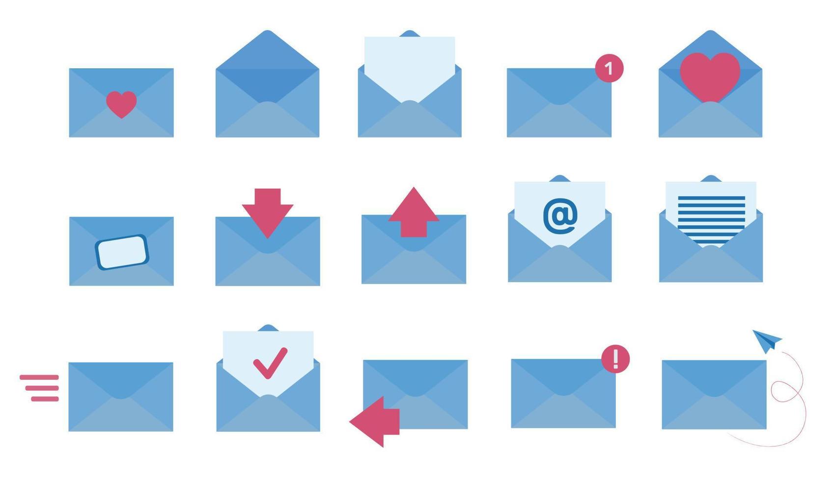 Mail envelope icon set in blue and pink colors isolated on white ...