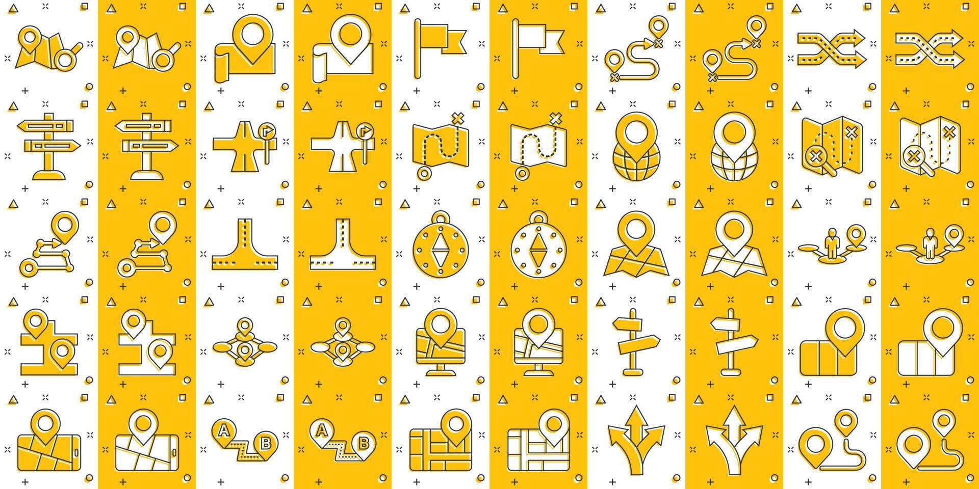 Navigation Icon Set In Comic Style Gps Direction Cartoon Vector