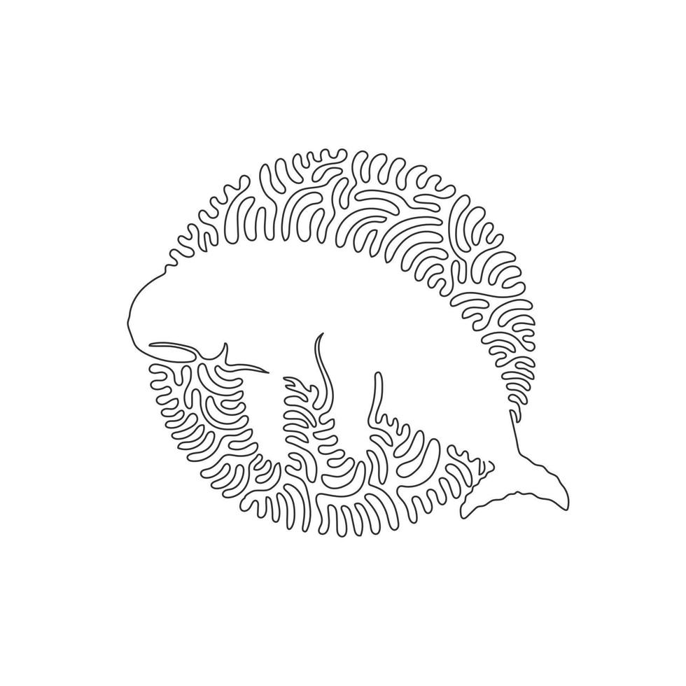 Continuous One Curve Line Drawing Of Cute Dugong Abstract Art In Circle