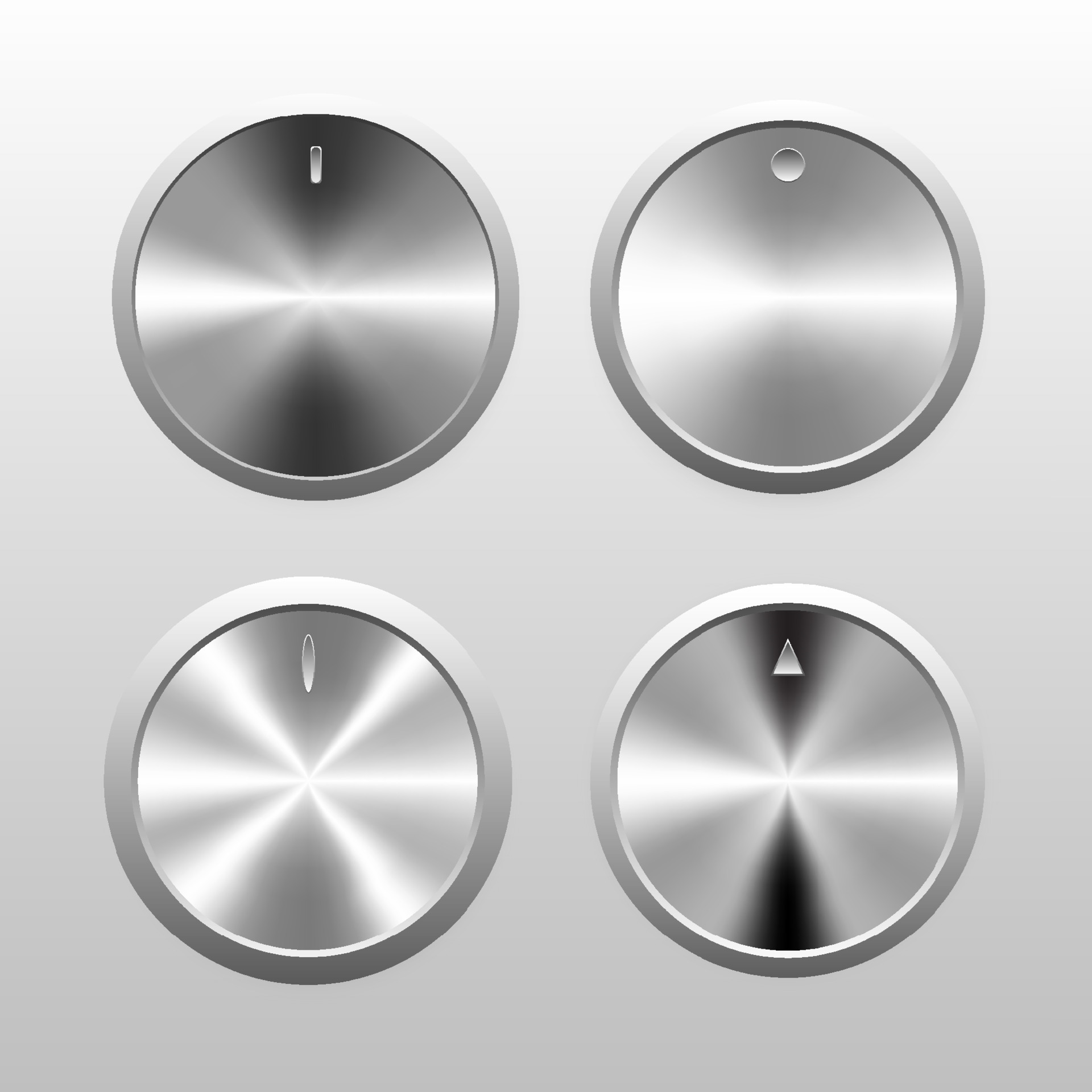 Set of four circular control knobs in a shiny, aluminum, chrome, silver and stainless steel ...