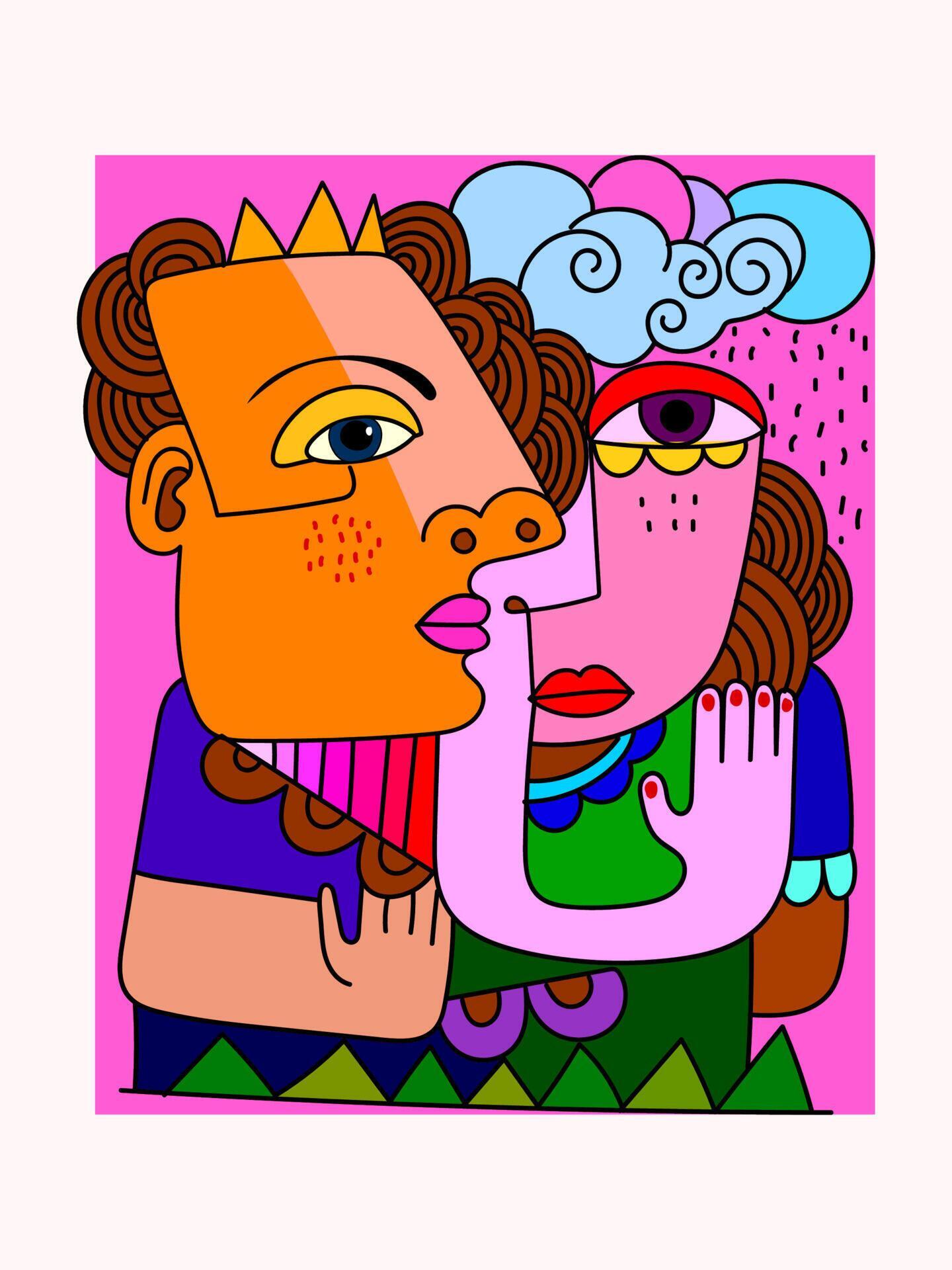 Colorful Abstract Face Portrait Man Woman Hand Drawn Vector