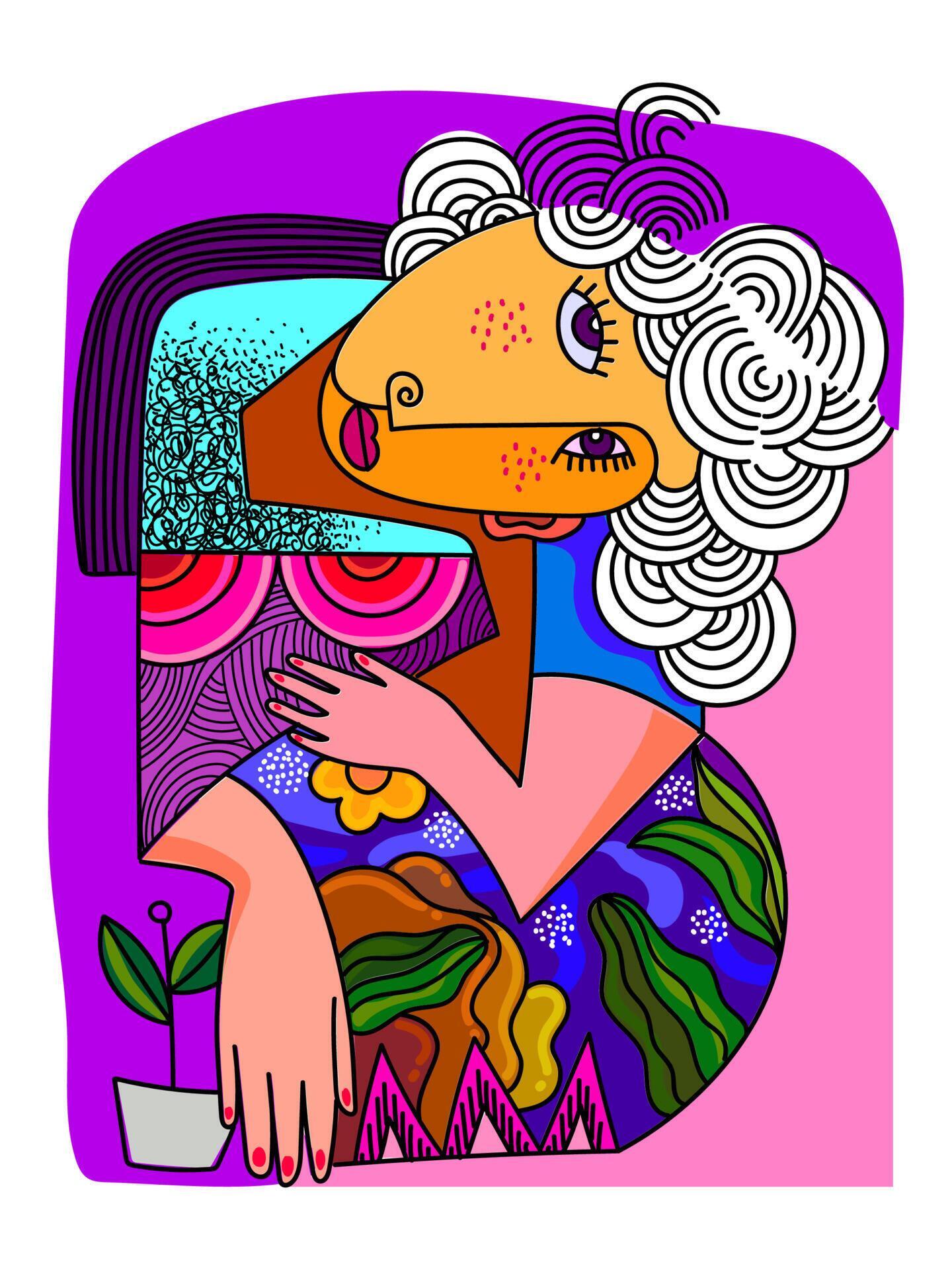 Colorful Abstract Face Portrait Man Woman Hand Drawn Vector