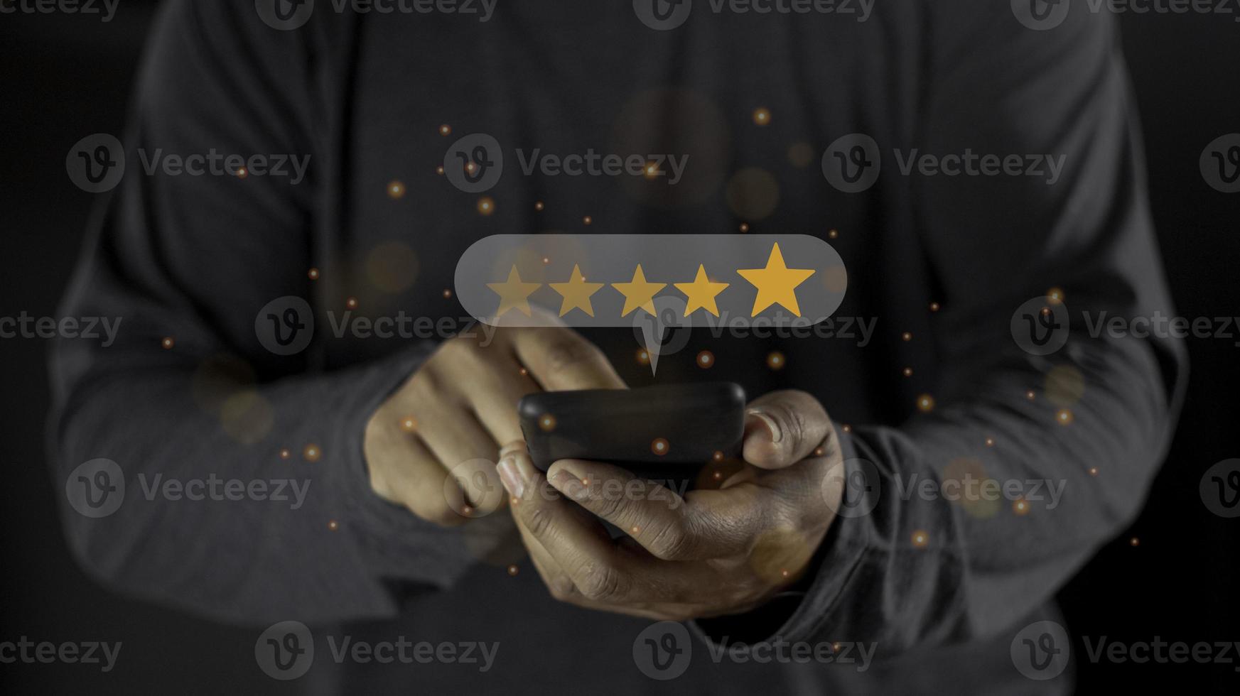 Businessman pressing smiley face emoticon on virtual touch screen. User give rating to service ...