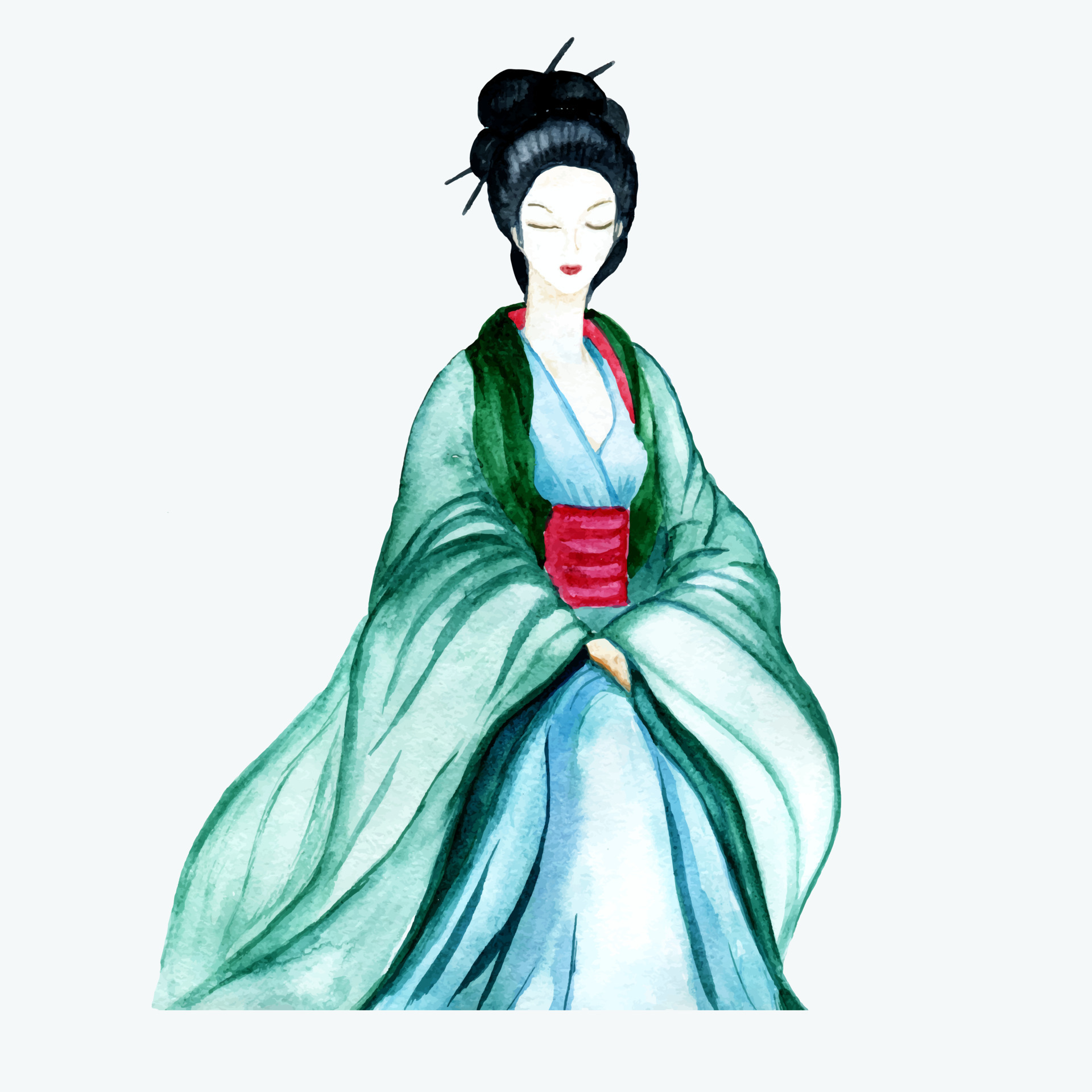 Watercolor Illustration Of A Girl In Sakura Flowers With A Japanese