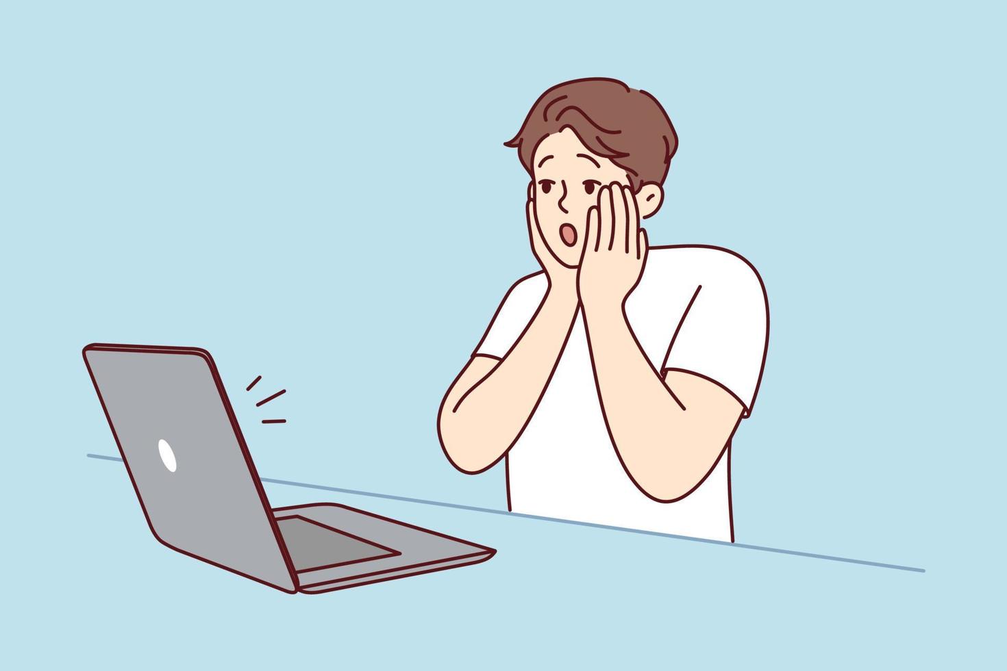 Stunned Young Man Look At Laptop Screen Shocked By Unexpected News