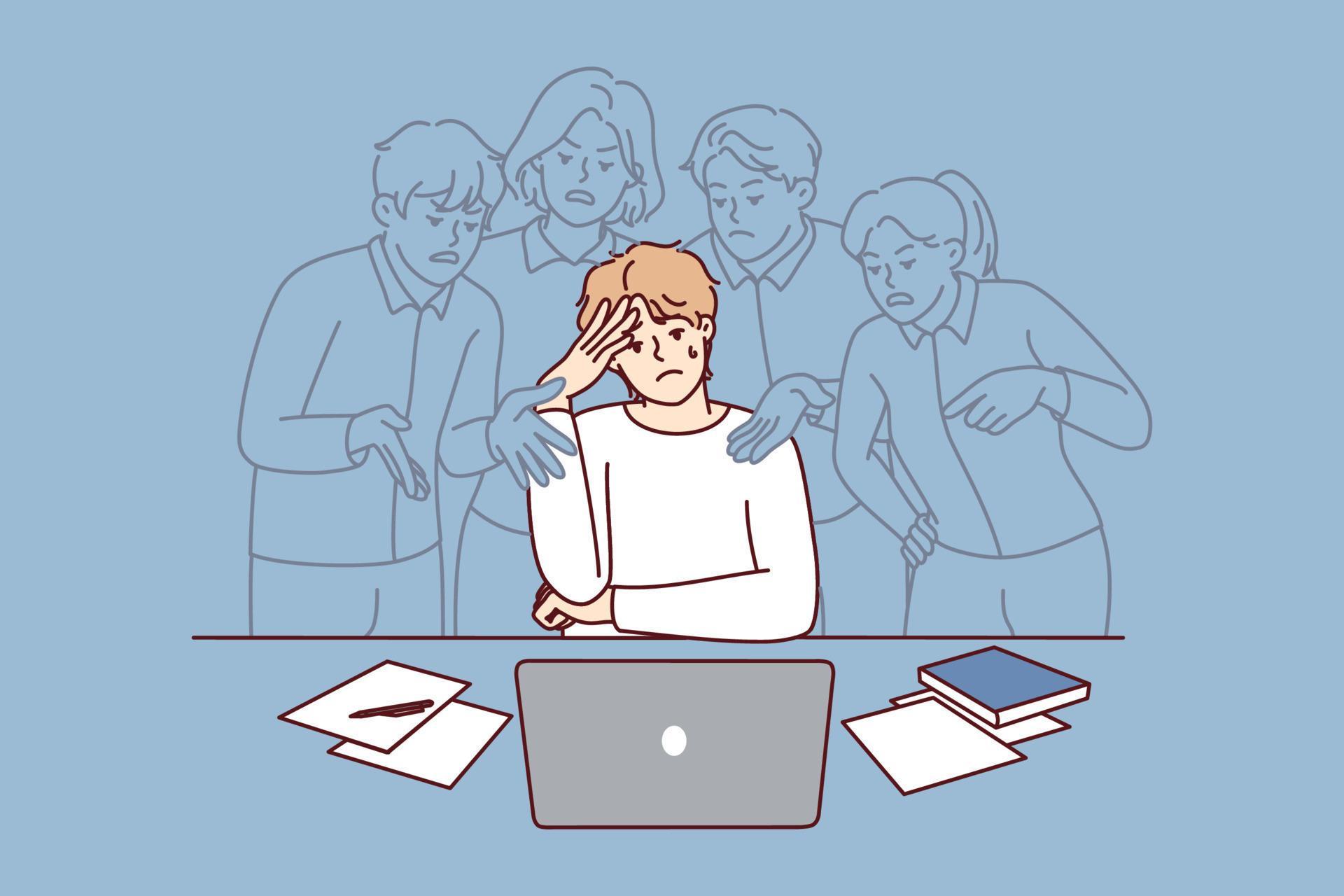 Stressed young man feel pressure by society opinion working on computer ... Stressed young man feel pressure by society opinion working on computer ...