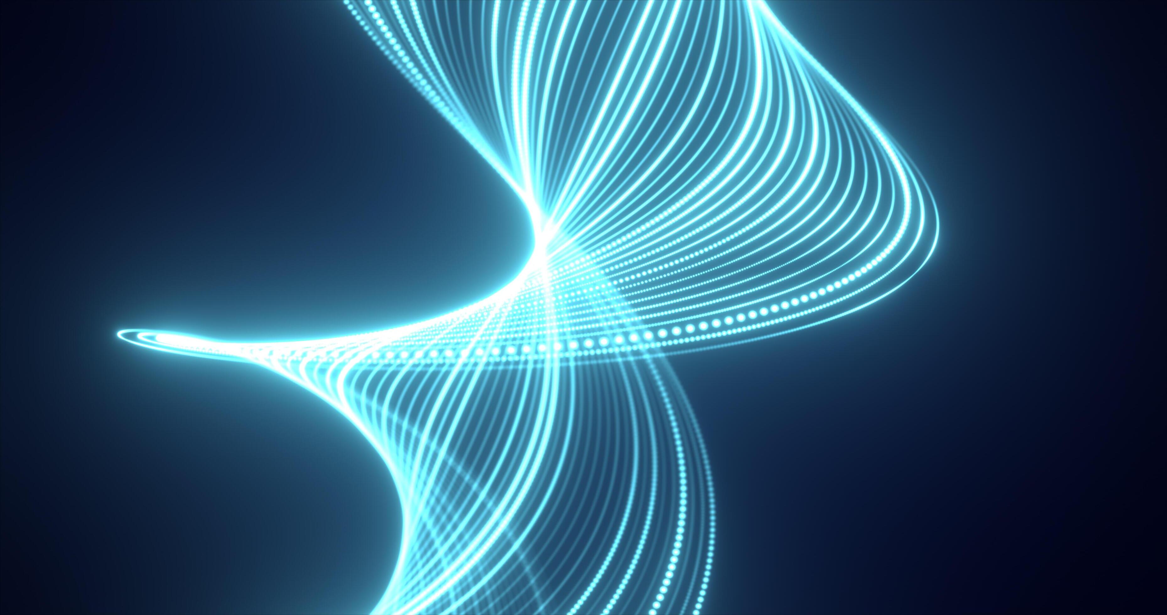 Abstract blue waves from lines and dots of particles of glowing swirling futuristic hi-tech with ...