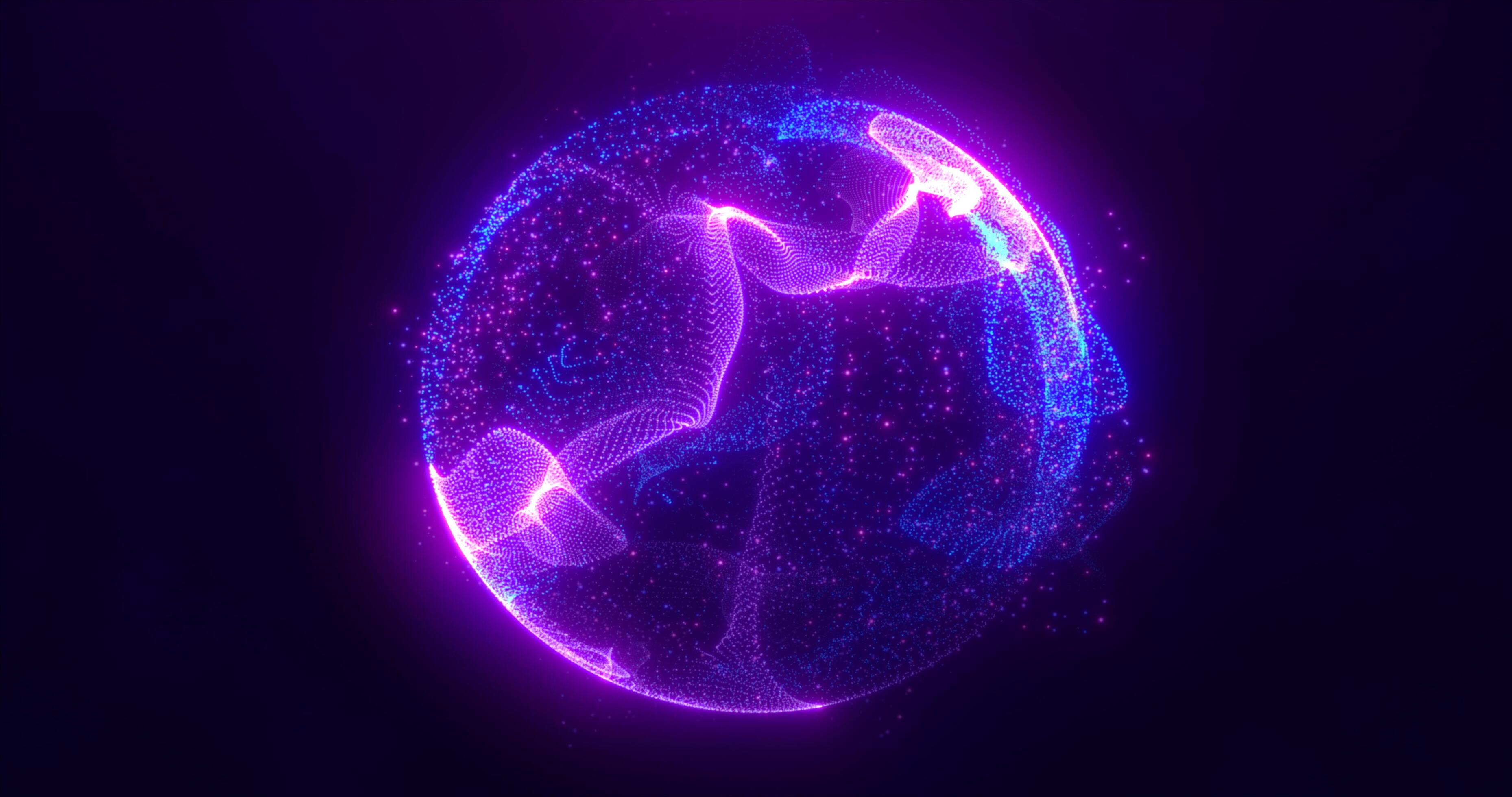 Abstract round blue to purple sphere light bright glowing from energy rays and magic waves from ...