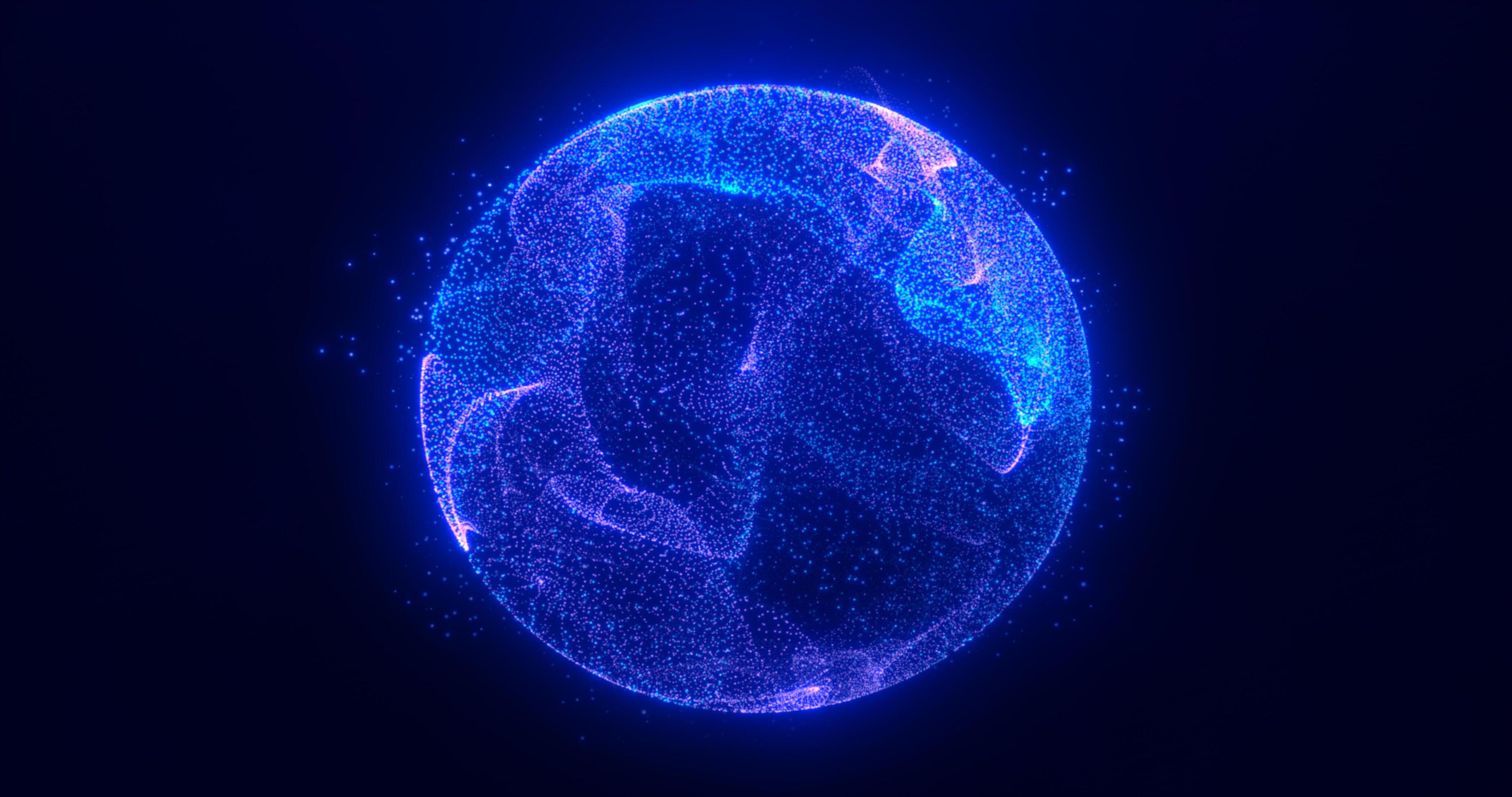 Abstract round blue sphere light bright glowing from rays of energy and magic waves from ...