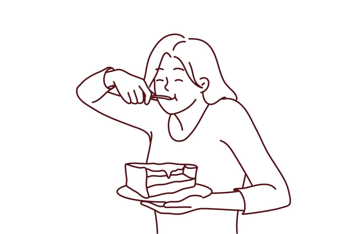 Hungry Young Woman Eating Cake Suffer From Eating Disorder Happy Girl
