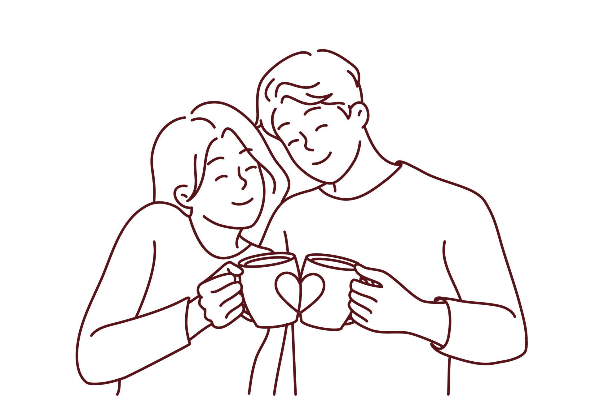 Happy Couple Hugging Drinking Coffee From Lovers Mugs Smiling Man And
