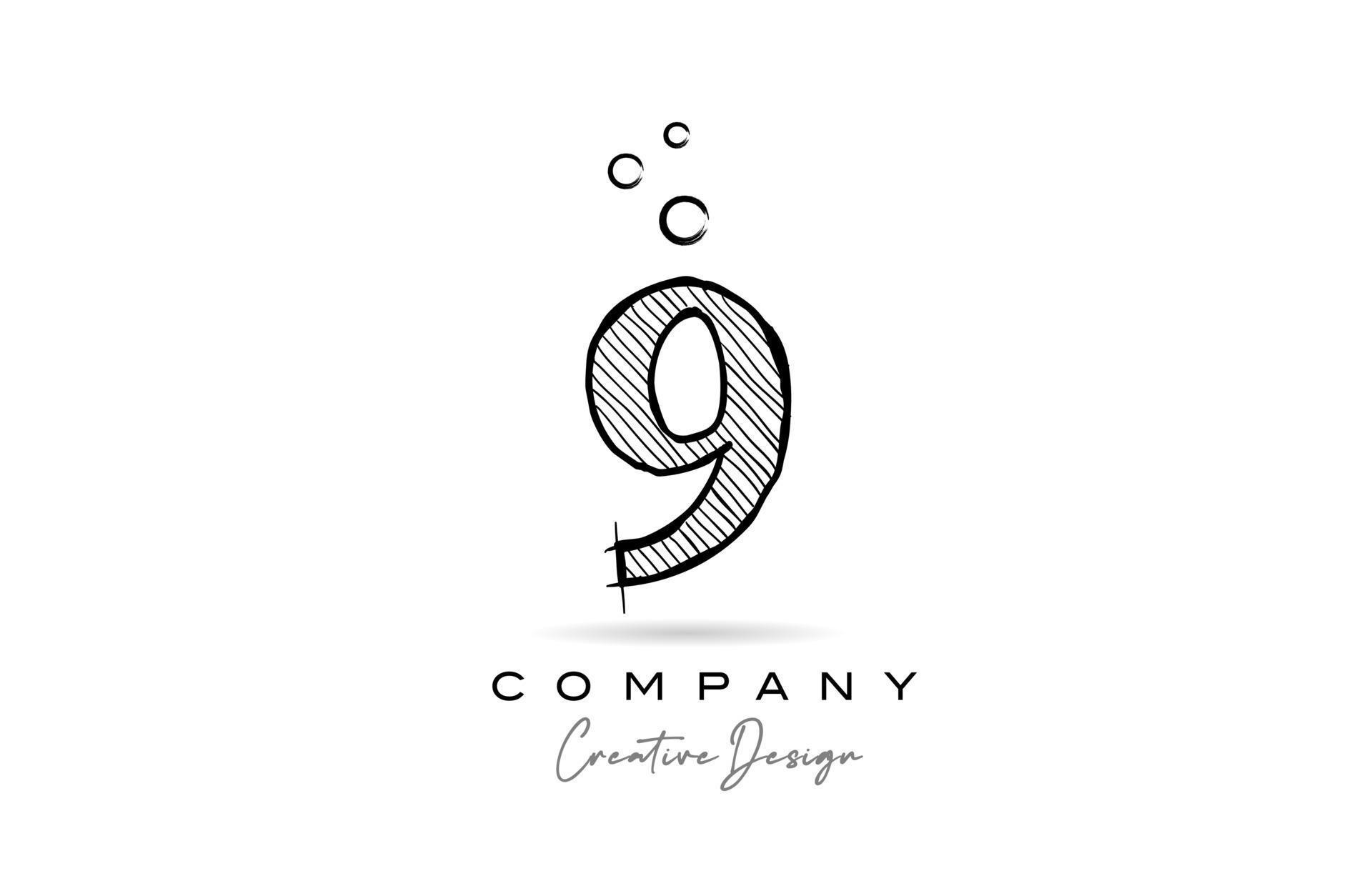 hand drawing number 9 logo icon design for company template. Creative logotype in pencil style ...