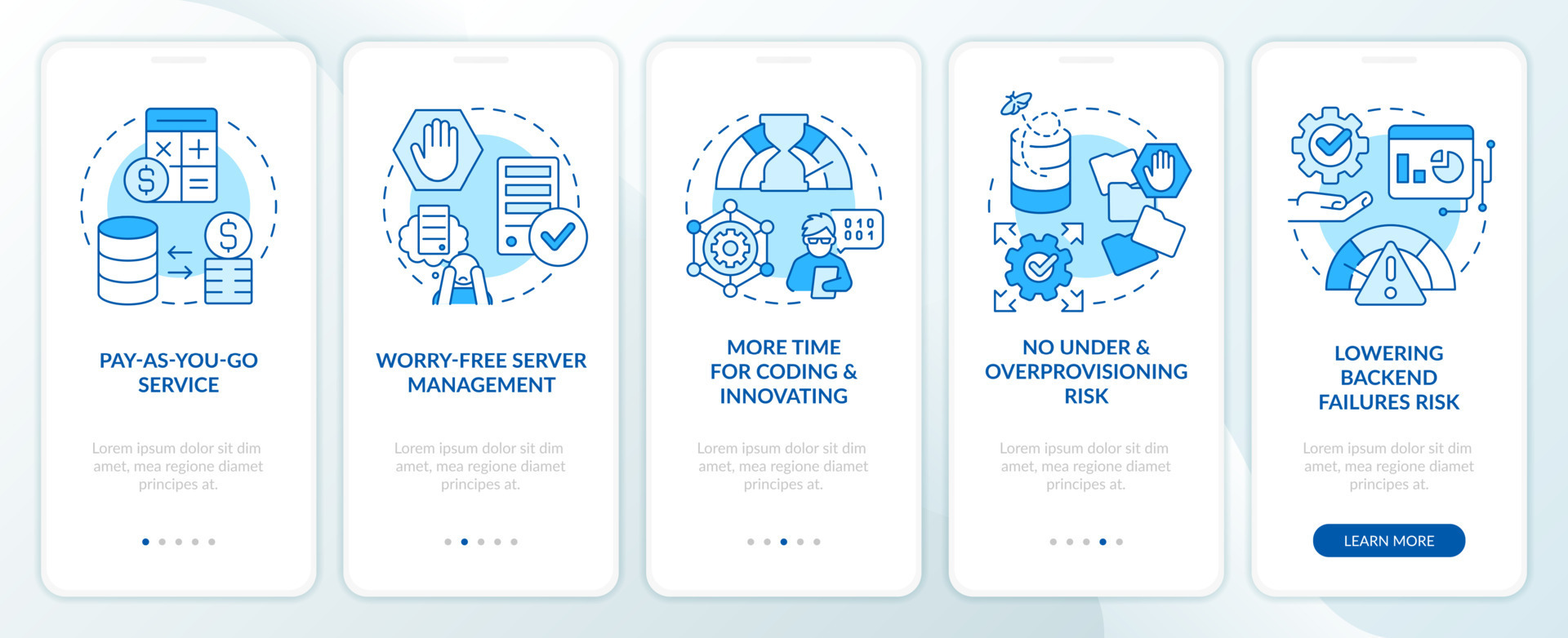 Serverless Computing Advantages Blue Onboarding Mobile App Screen