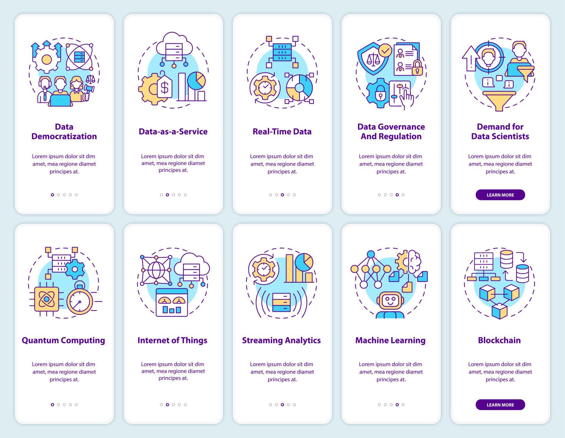 Data Science Trends And Technology Onboarding Mobile App Screens Set Walkthrough 5 Steps