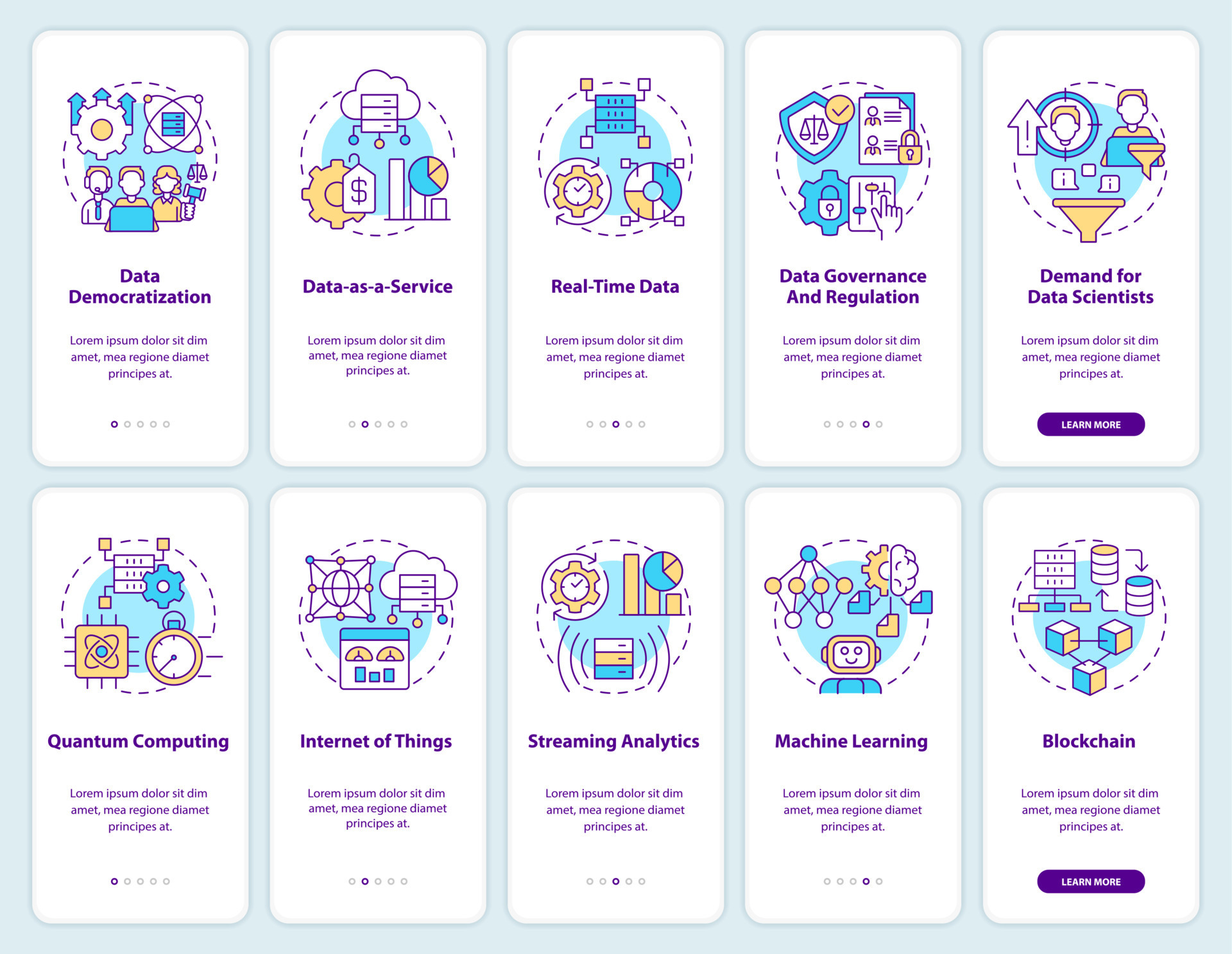 Data Science Trends And Technology Onboarding Mobile App Screens Set Walkthrough 5 Steps