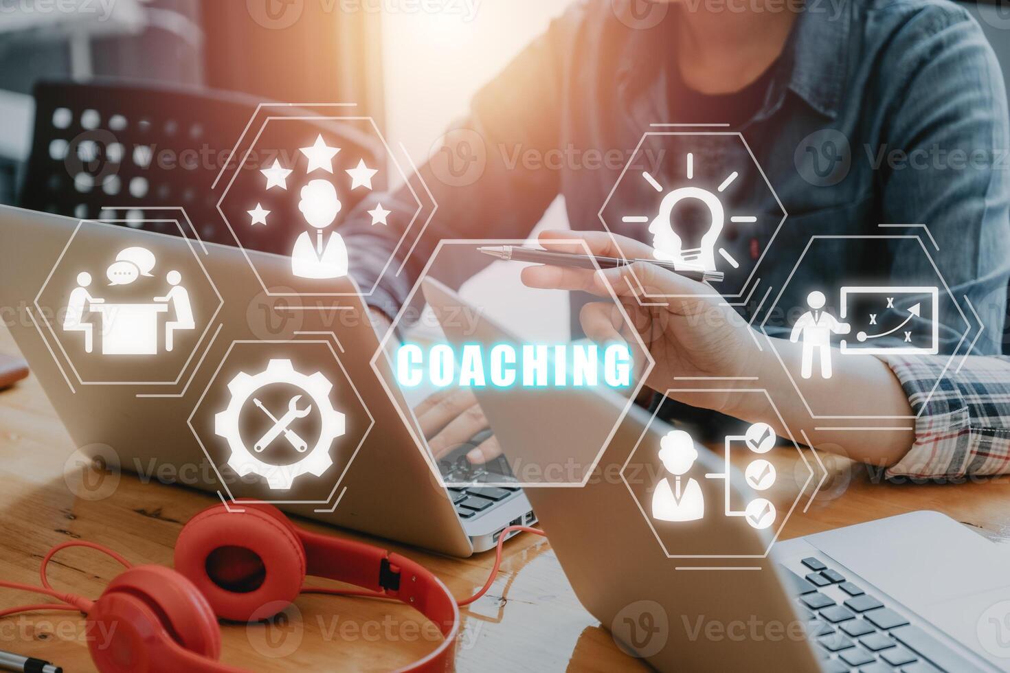 Coaching concept, Business person team working on laptop computer with ...