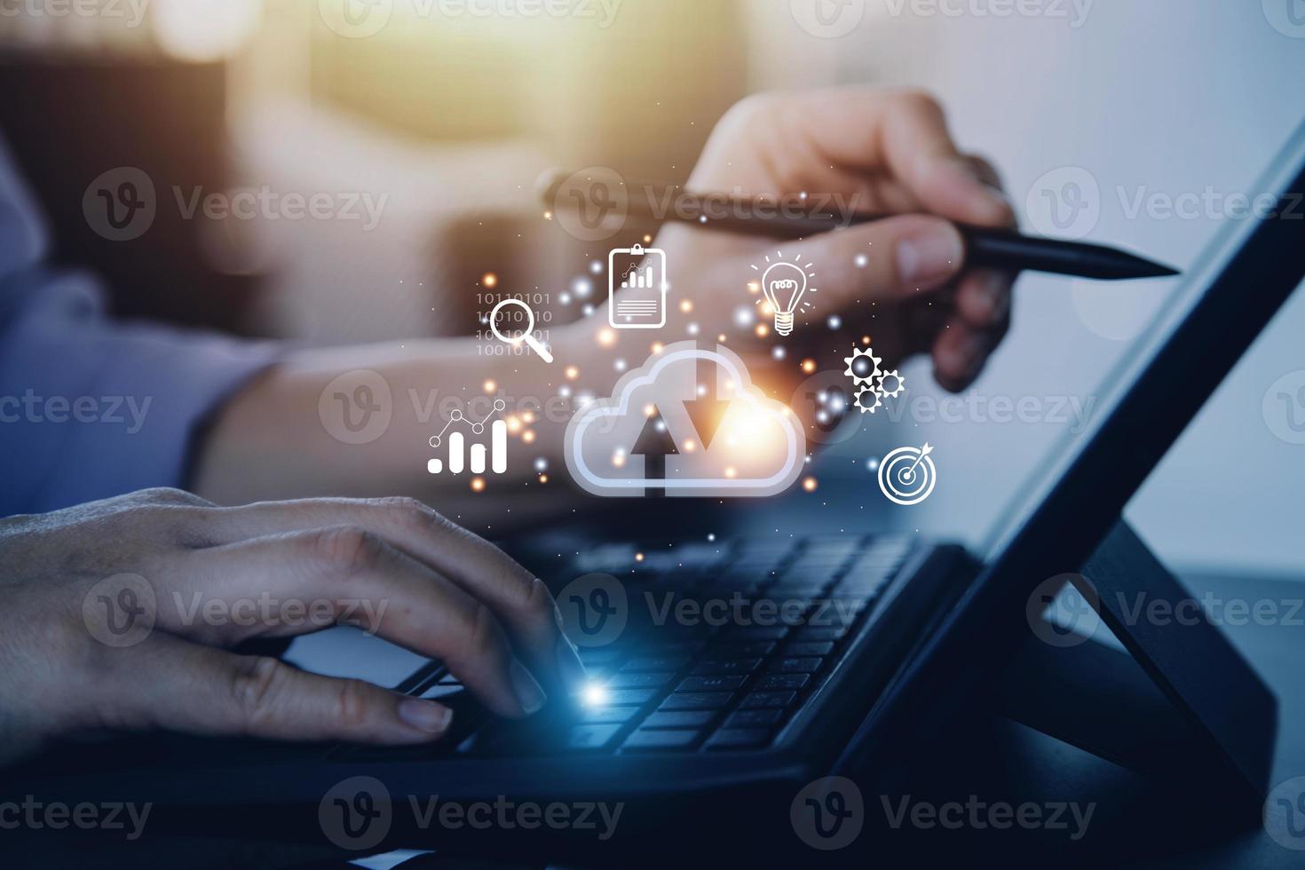 man use Laptop with cloud computing diagram show on hand. Cloud technology. Data storage ...