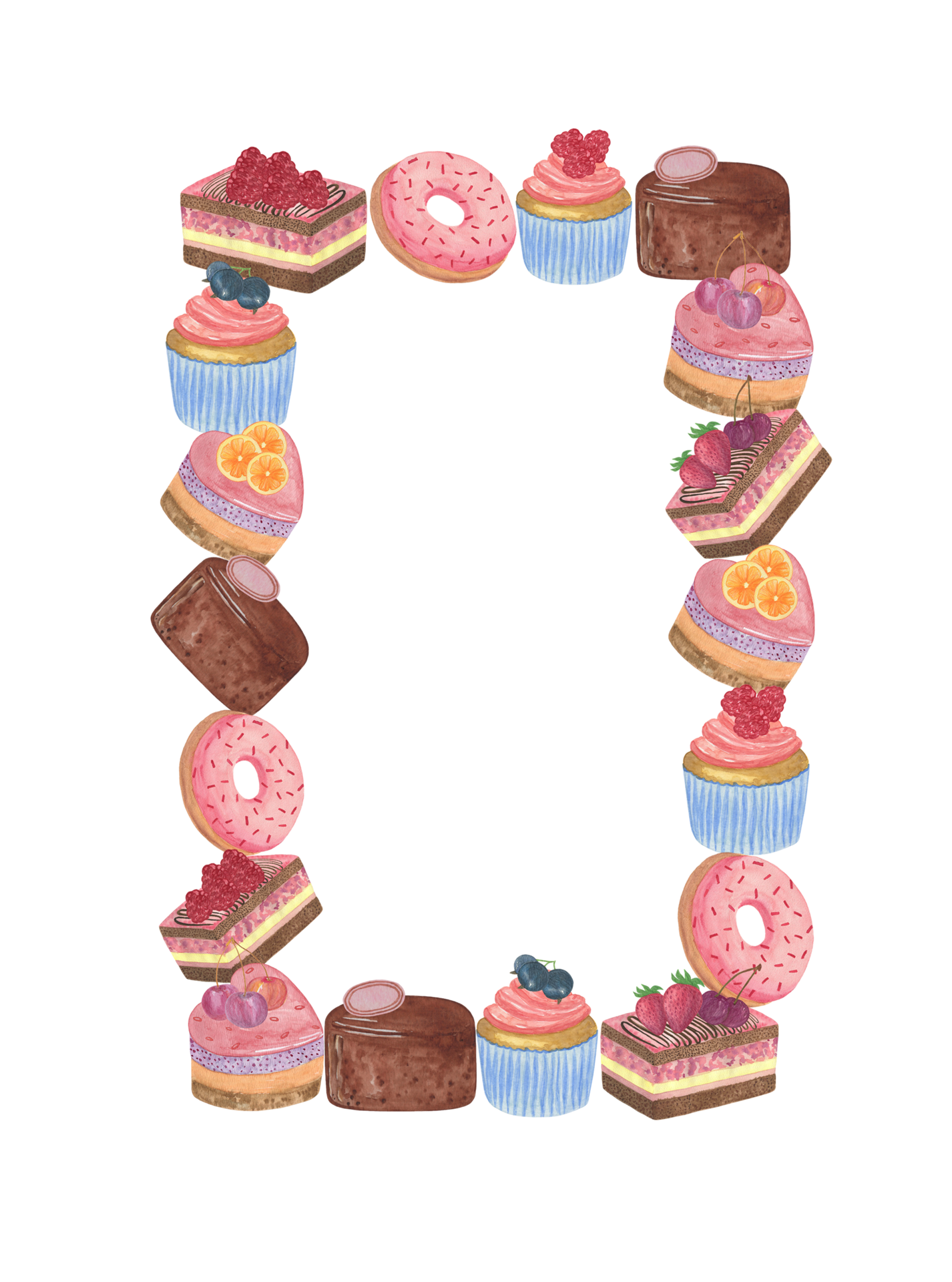 Cakes Rectangular Frame Watercolor Illustration Dessert Fruit