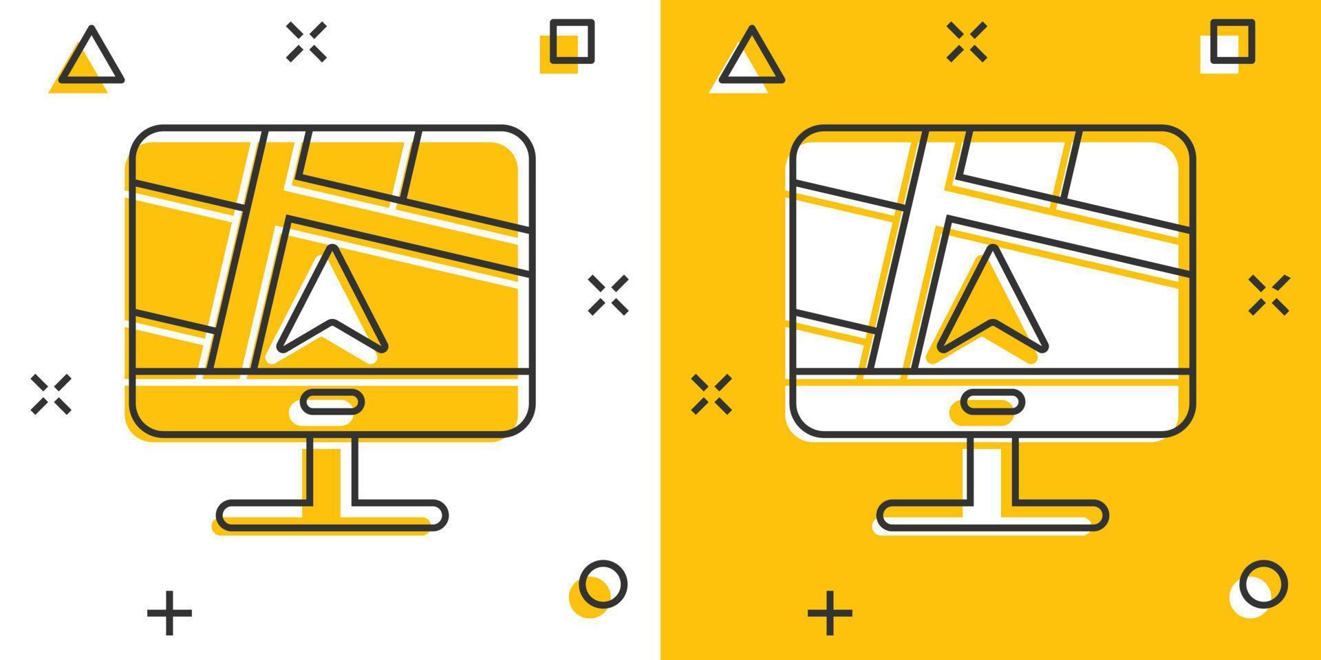 Computer Navigation Icon In Comic Style Monitor Pin Gps Cartoon Vector