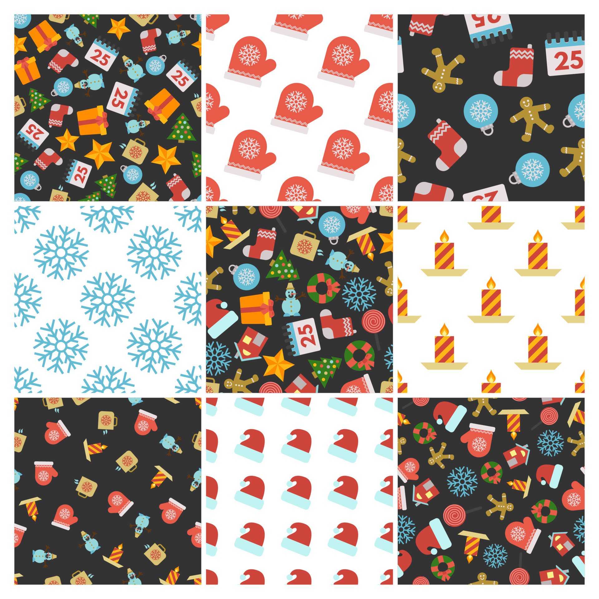 Set of nine Christmas Seamless Patterns with icons in flat style ...
