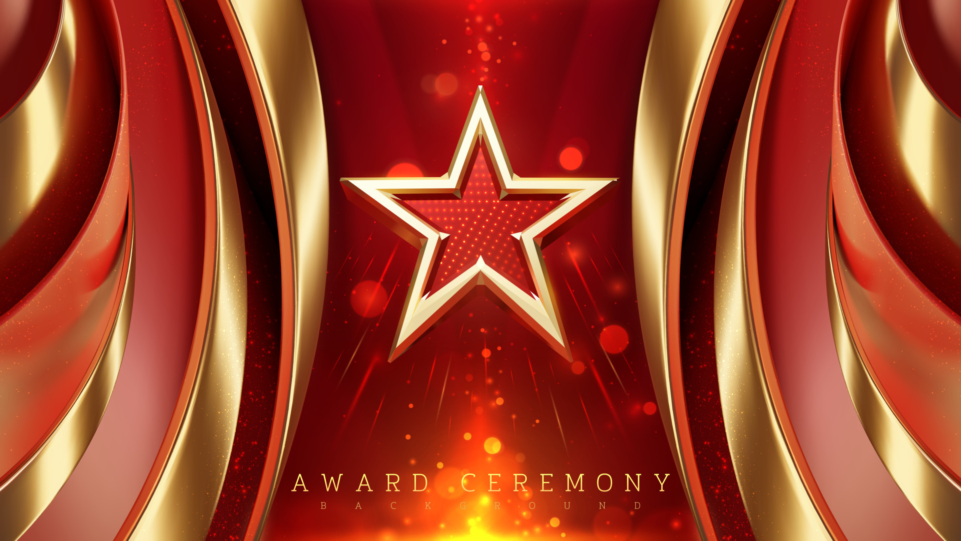 Golden 3D stars on red background decorated with curves and glitter and ... Golden 3D stars on red background decorated with curves and glitter and ...