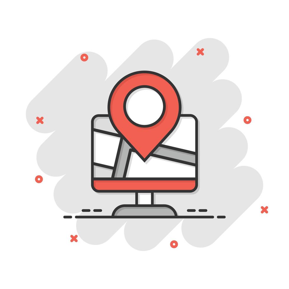 Computer Navigation Icon In Comic Style Monitor Pin Gps Cartoon Vector