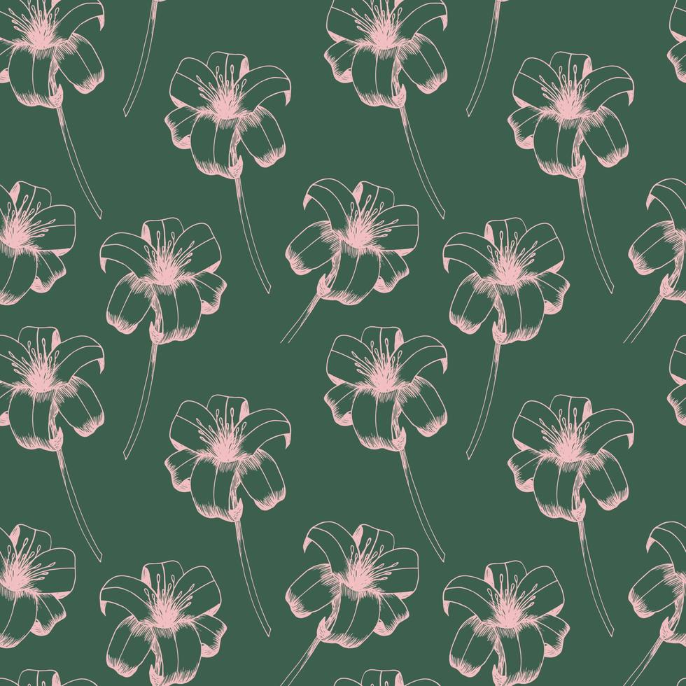 Daylily vector seamless pattern. Hand drawn pastel pink flowers of day ... Daylily vector seamless pattern. Hand drawn pastel pink flowers of day ...