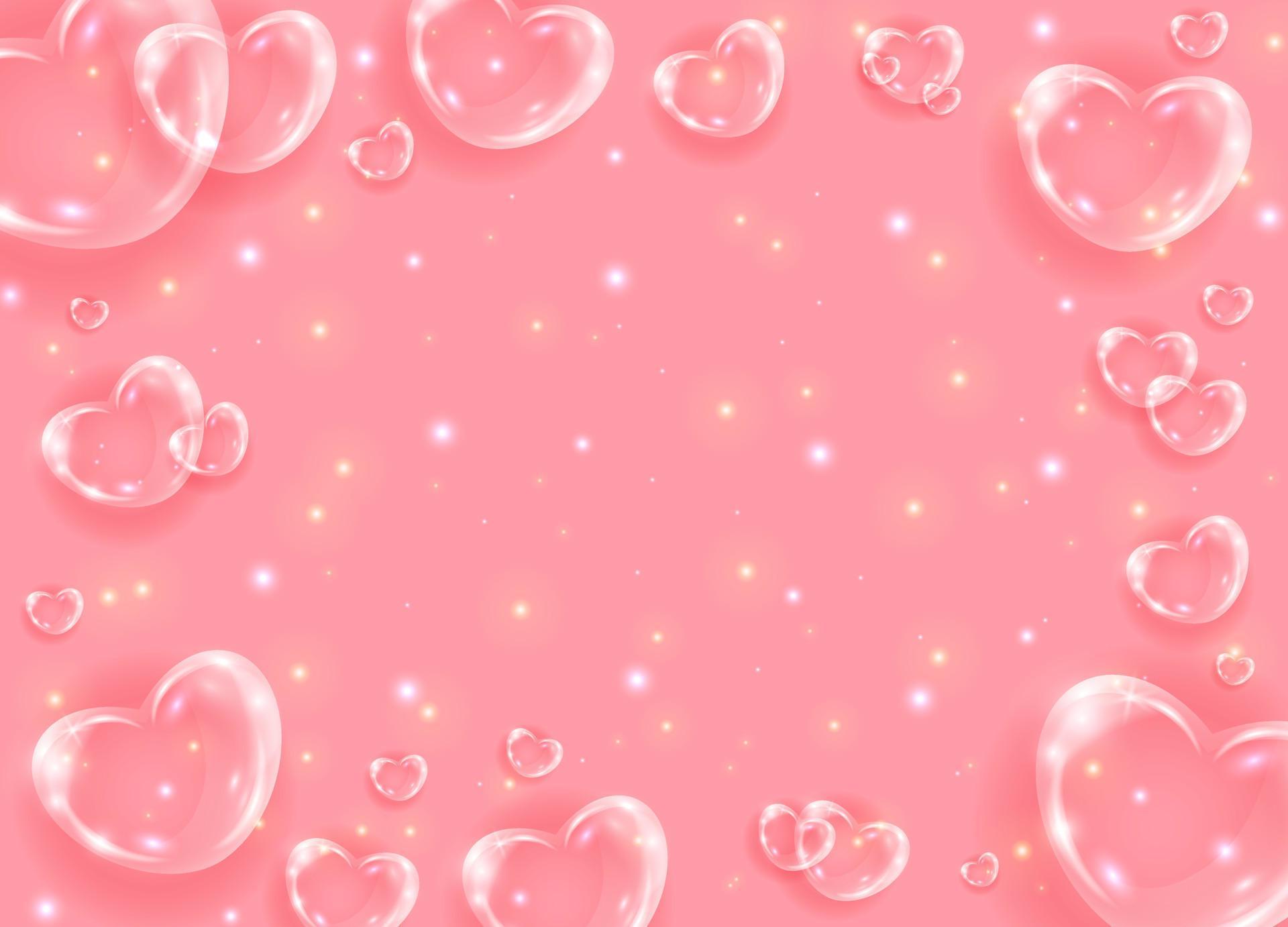 Realistic transparent 3d hearts glass effect background. Glossy soap bubble hearts on pink ...