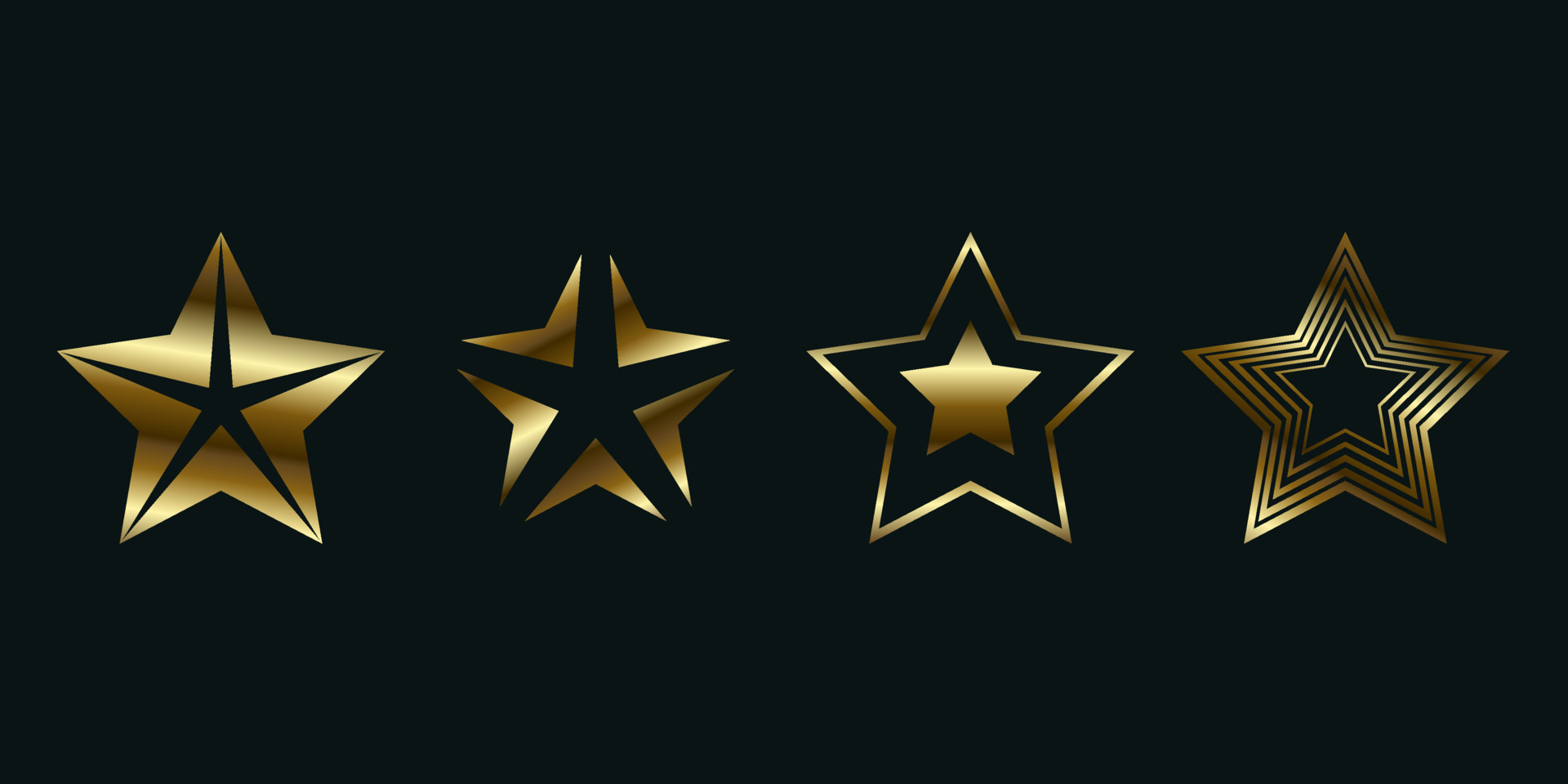 Set of golden luxury stars, premium star shapes in different styles, gold star button on dark ...