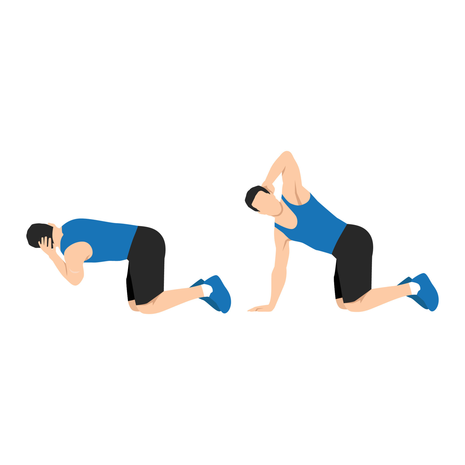 Man Doing Exercise In Thoracic Rotation Pose Or Quadruped Rotation Flat Vector Illustration