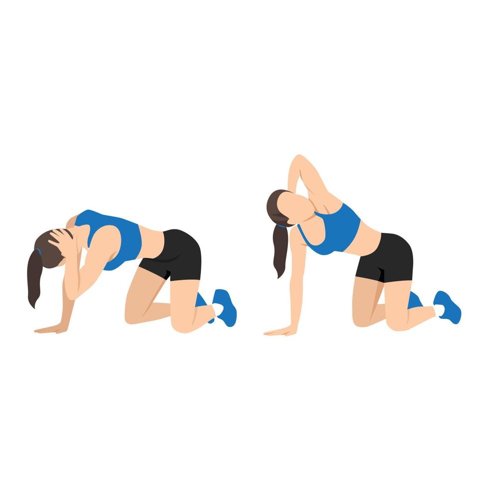 Woman Doing Exercise In Thoracic Rotation Pose Or Quadruped Rotation Flat Vector Illustration