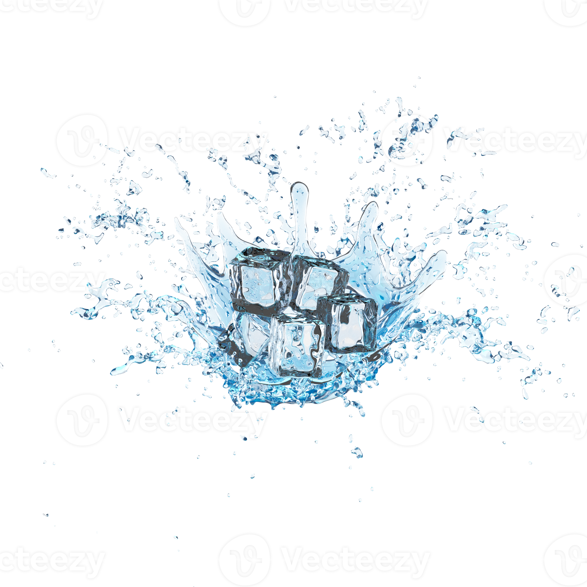3d ice cubes with water splash transparent, clear blue water scattered around isolated. 3d ...