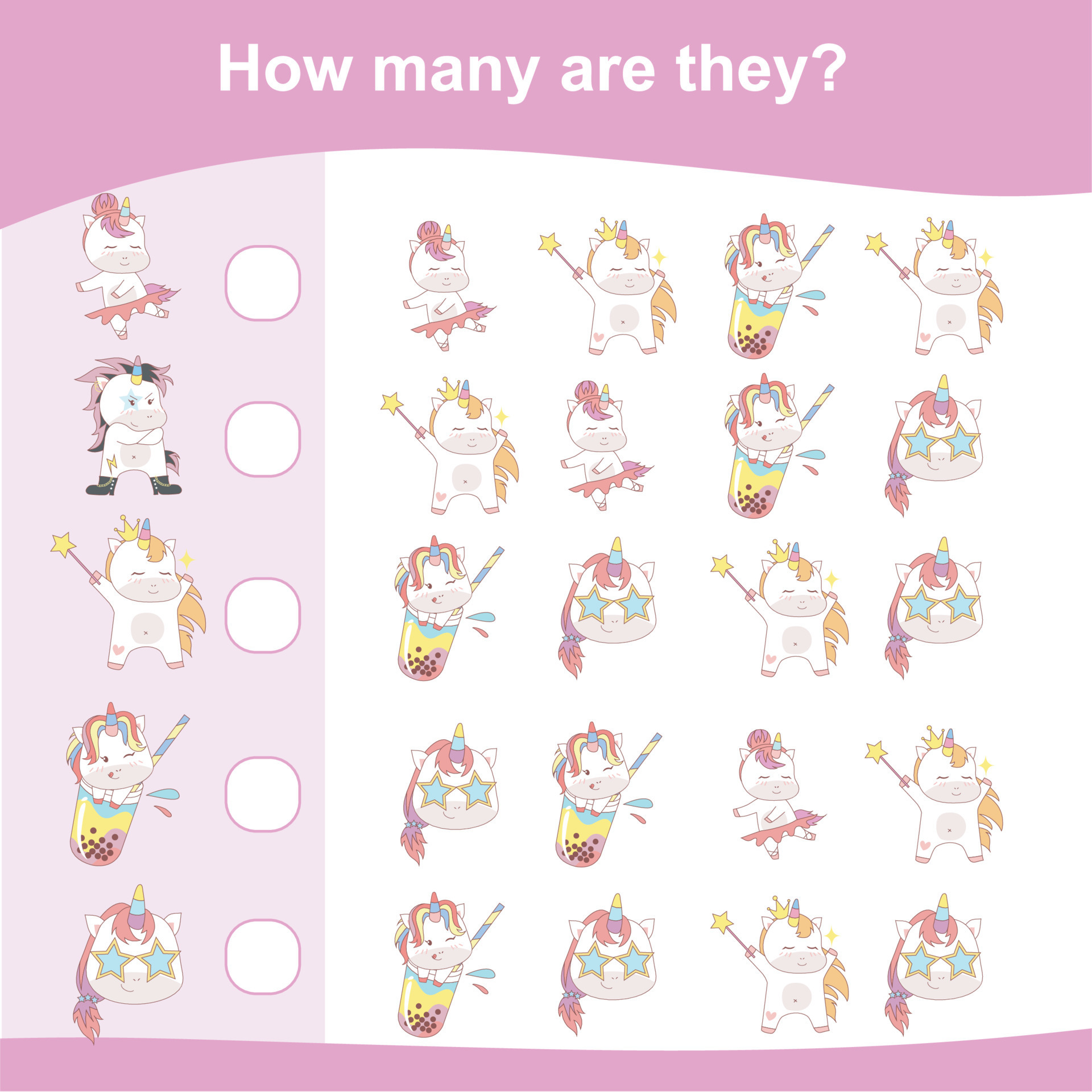 Counting unicorn game for children. Cute unicorn math worksheet ...