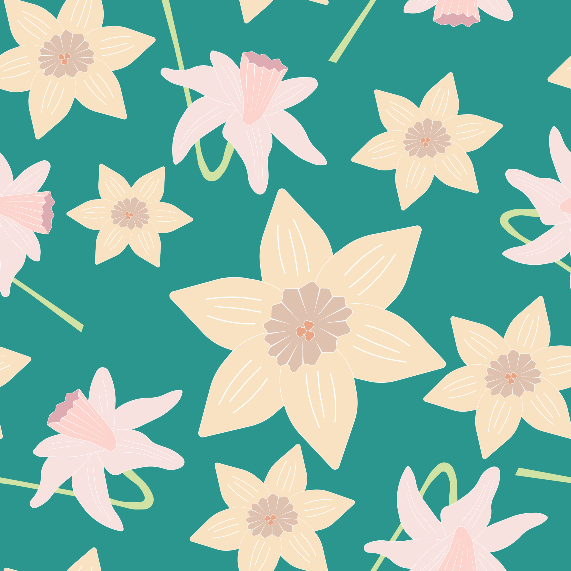 Floral Vector Seamless Pattern In Pastel Colors Hand Drawn Daffodils