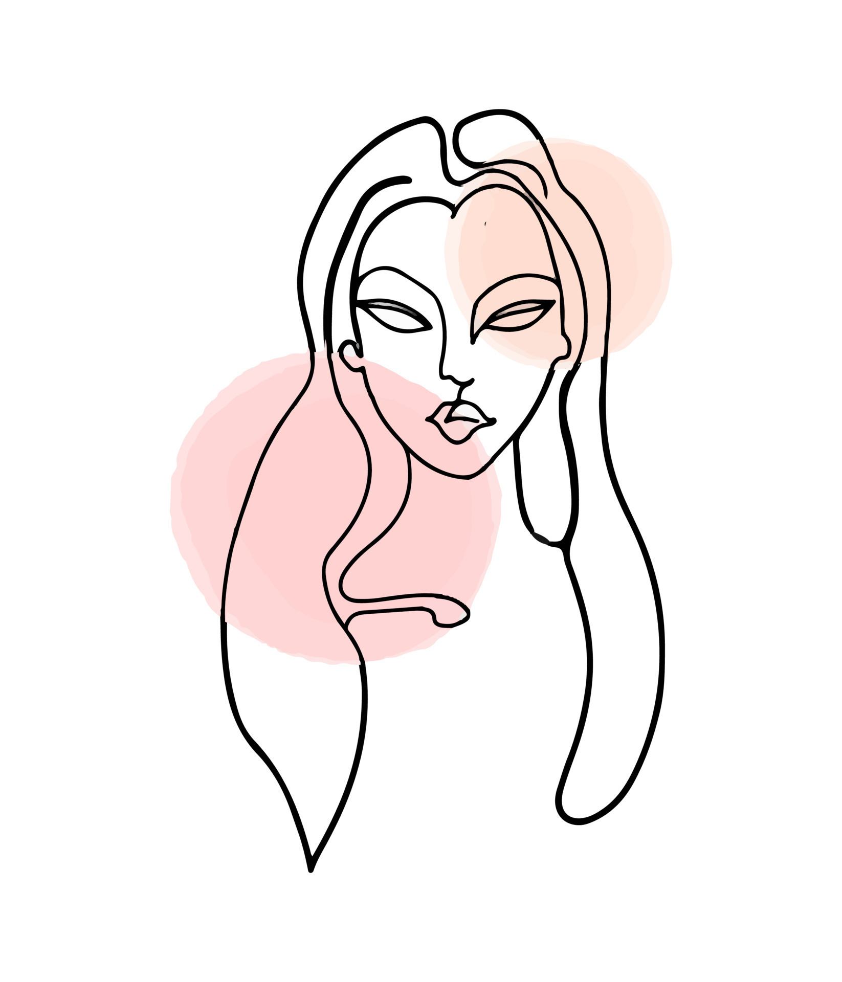 Simple Minimalist Vector Illustration Of Beautiful Woman Face Line Drawing With Watercolor