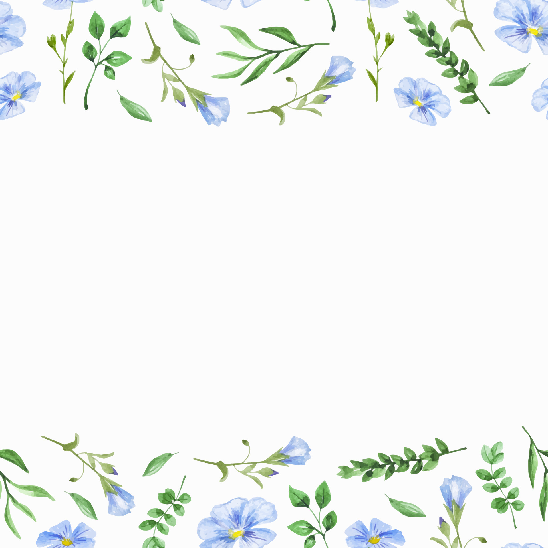 Watercolor spring floral frame blue flowers and green leaves seamless ...
