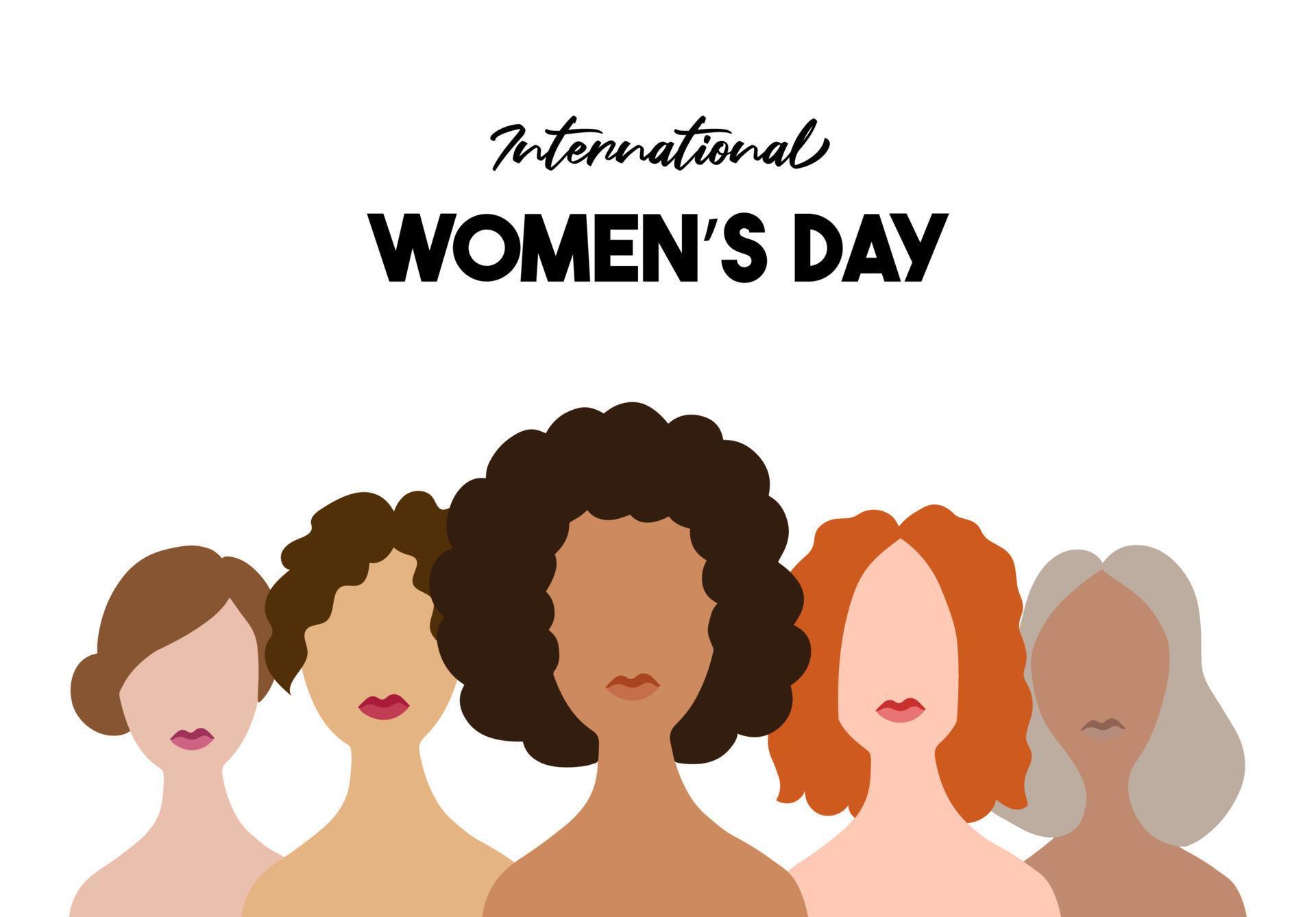International women's day poster. 5 women with different skin tone and hairstyles on the white ...