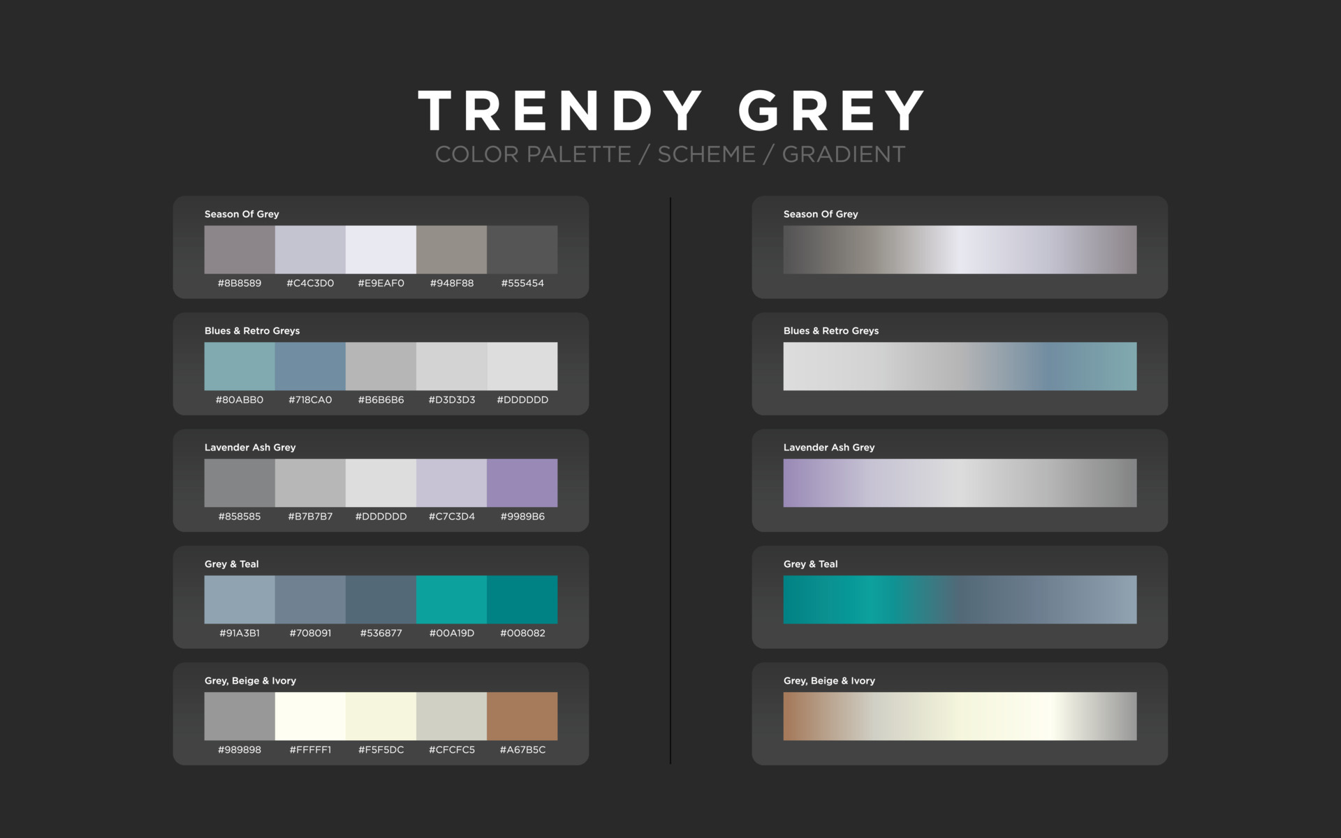 Grey color palettes, color schemes, color gradients. Set of modern web ...