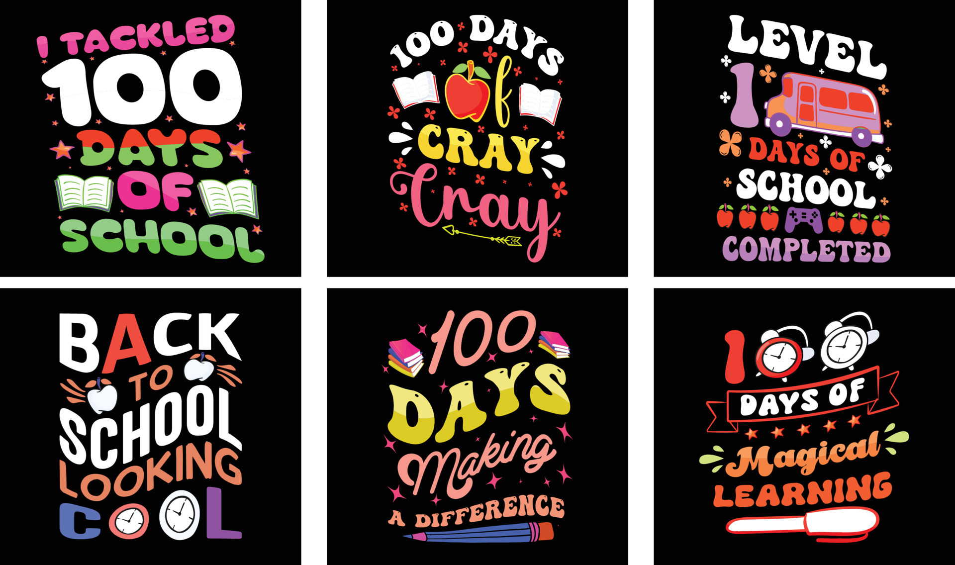 100 Days of School T-shirt Design Bundle. 100 Days of School Vector ...