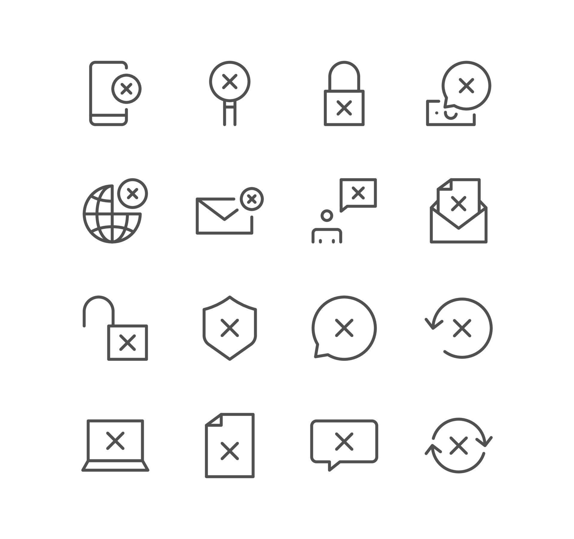 Set of reject related icons, refuse, cancellation, decline and linear variety vectors. 18884560 ...