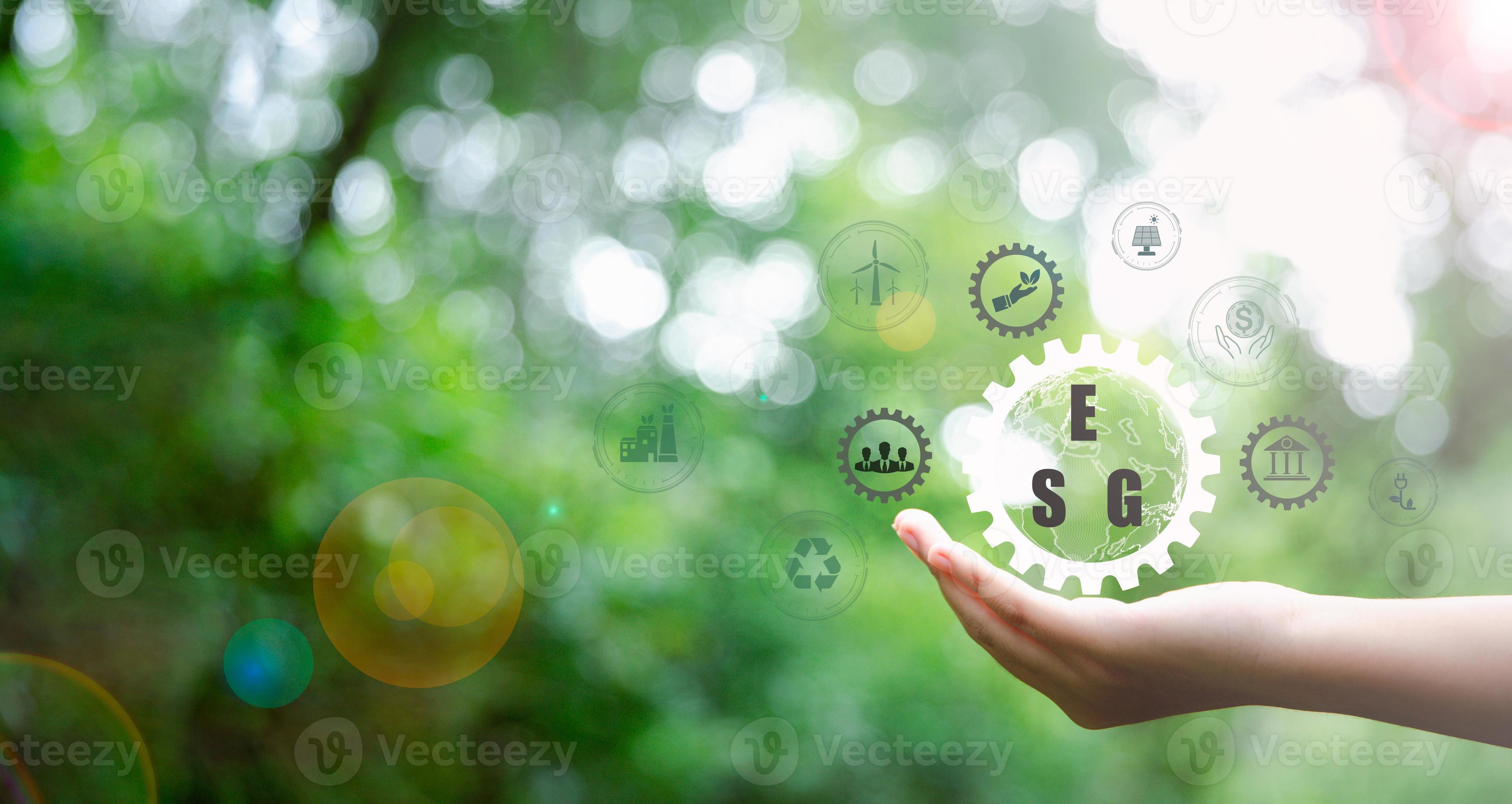 concepto de icono esg en la mano para el medio ambiente, la sociedad y la gobernanza en negocios ...