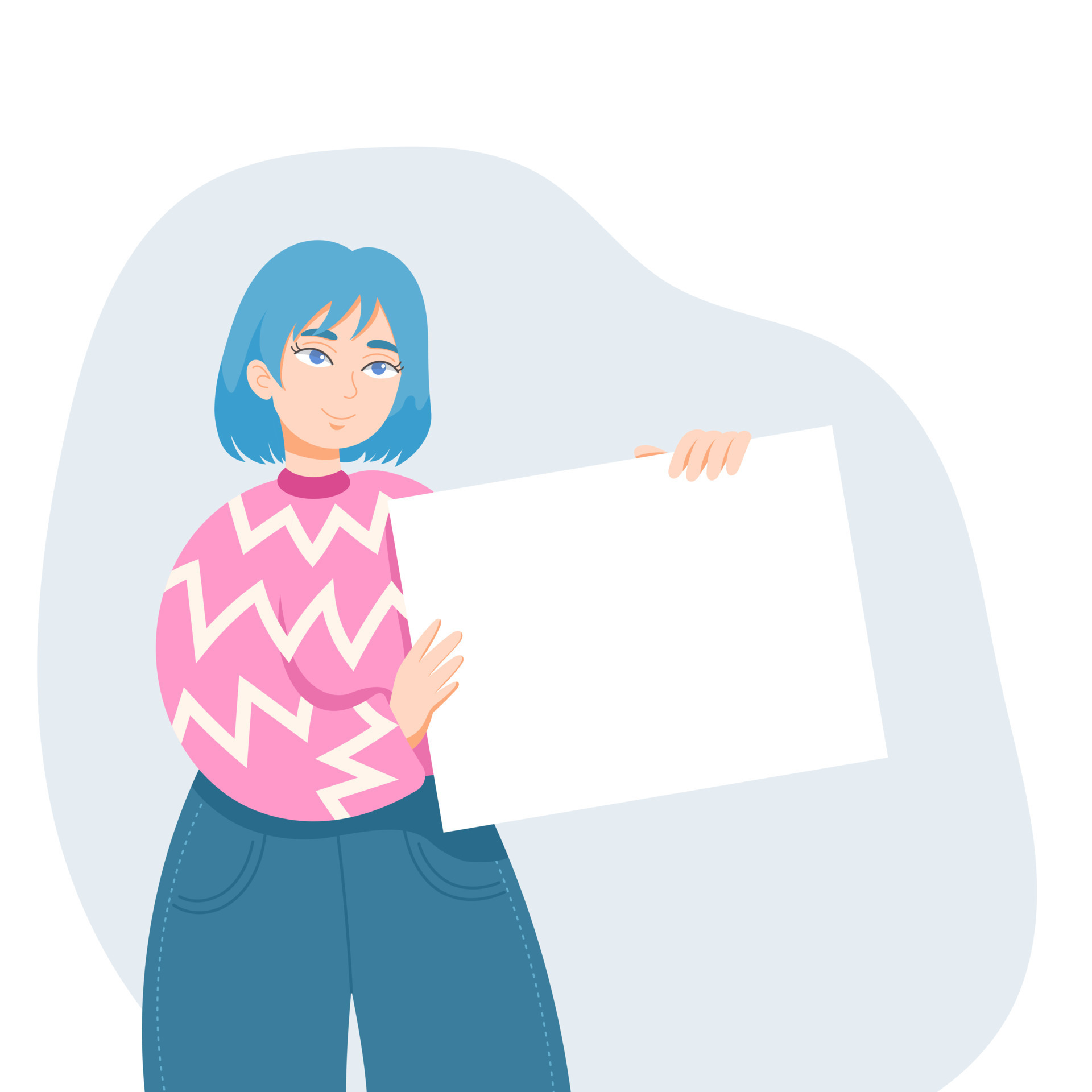 Young woman with blue hair holding a blank sheet of paper. Illustration ... Young woman with blue hair holding a blank sheet of paper. Illustration ...