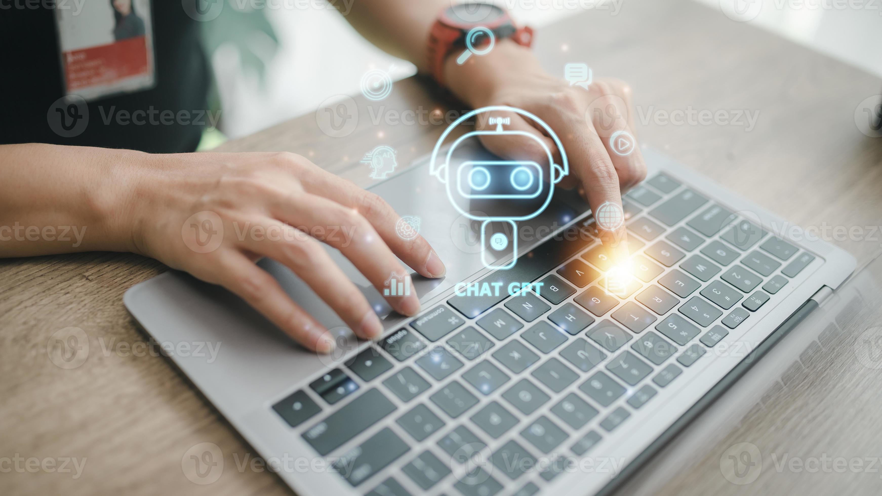 ChatGPT Chat with AI or Artificial Intelligence. woman chatting with a smart AI or artificial ...